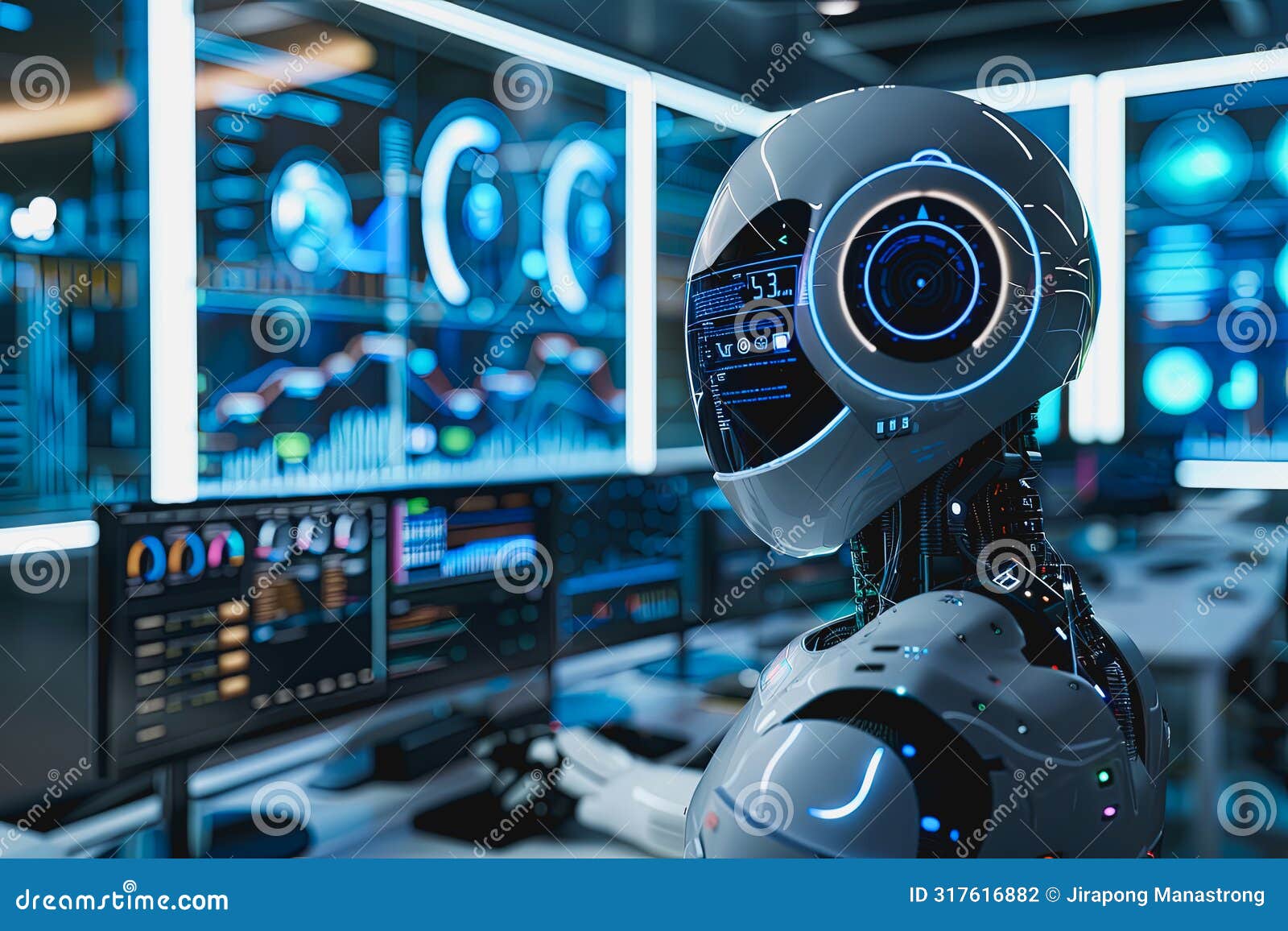 AI Robots with Screens Displaying Real Time Data Analysis and Learning Big Data in the World ...