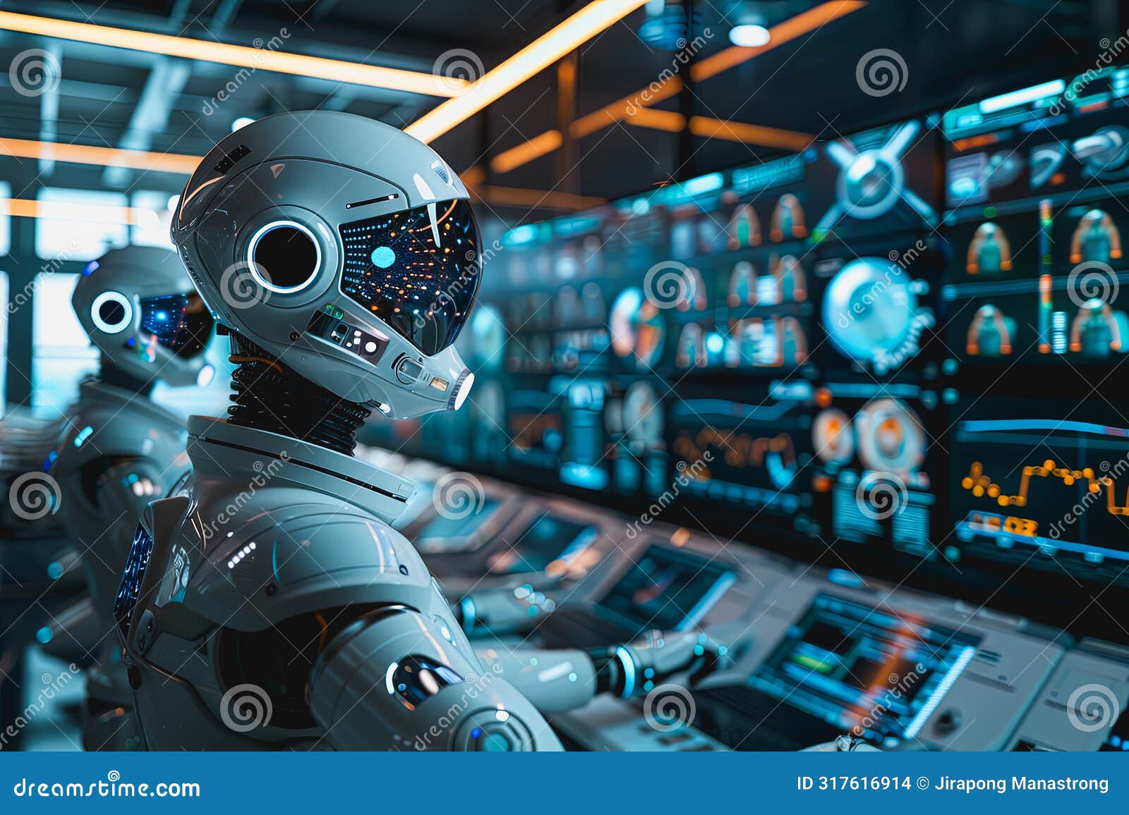 AI Robots with Screens Displaying Real Time Data Analysis and Learning Big Data in the World ...