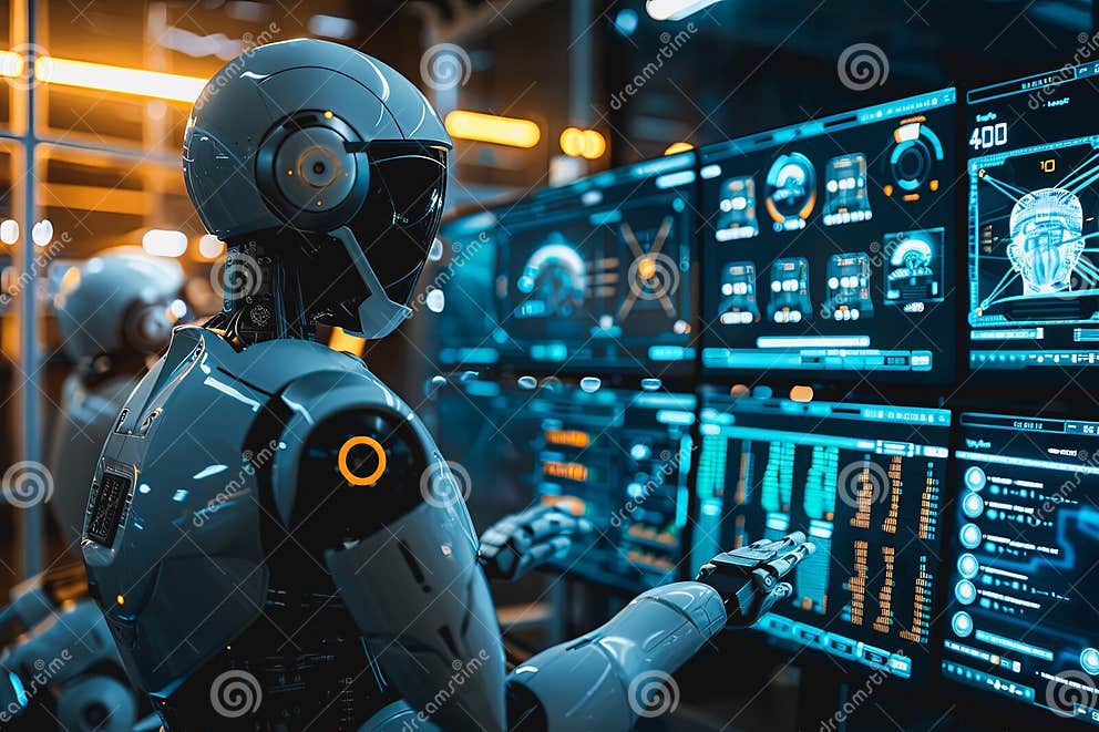 AI Robots with Screens Displaying Real Time Data Analysis and Learning Big Data in the World ...