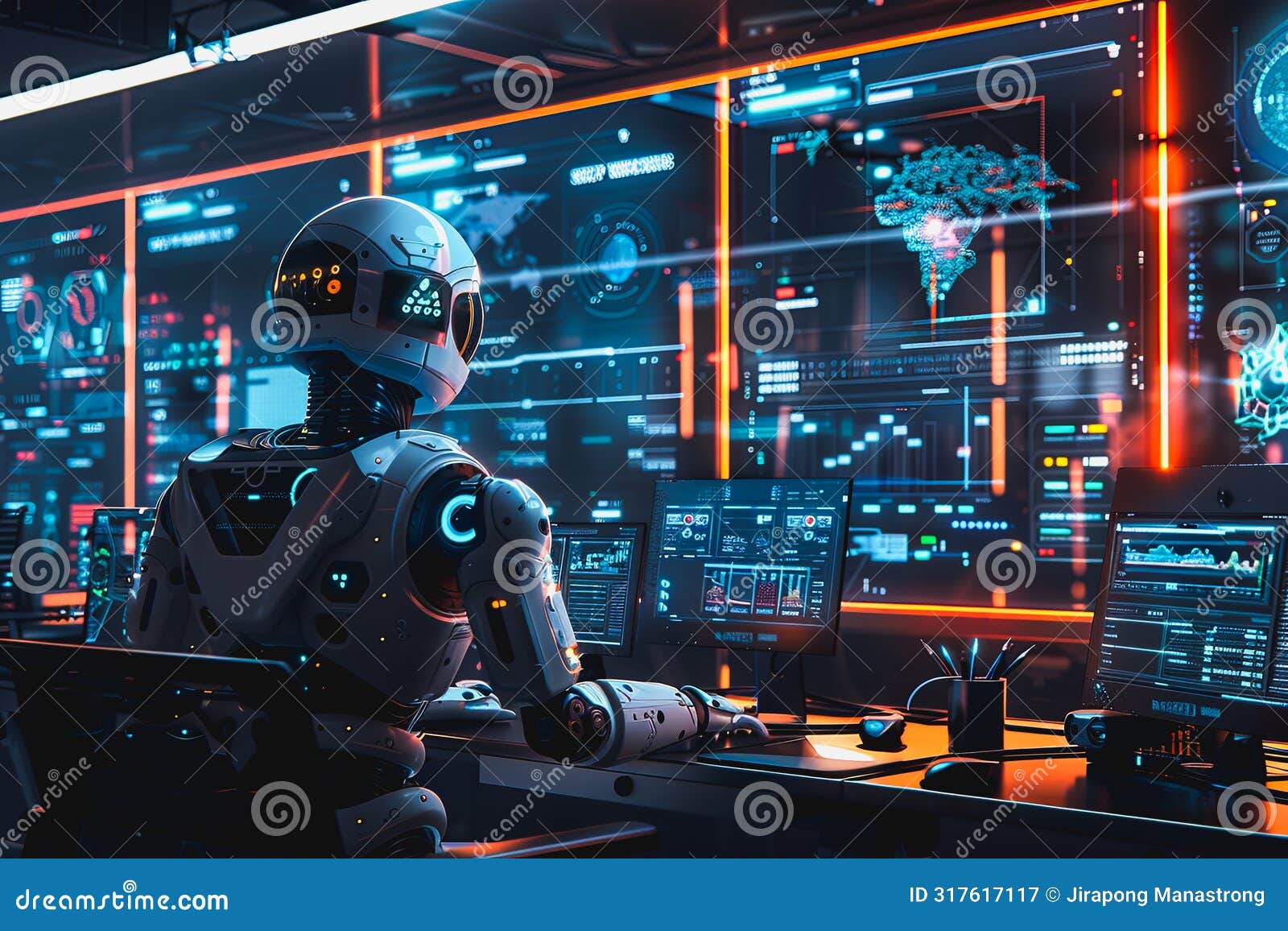 AI Robots with Screens Displaying Real Time Data Analysis and Learning Big Data in the World ...