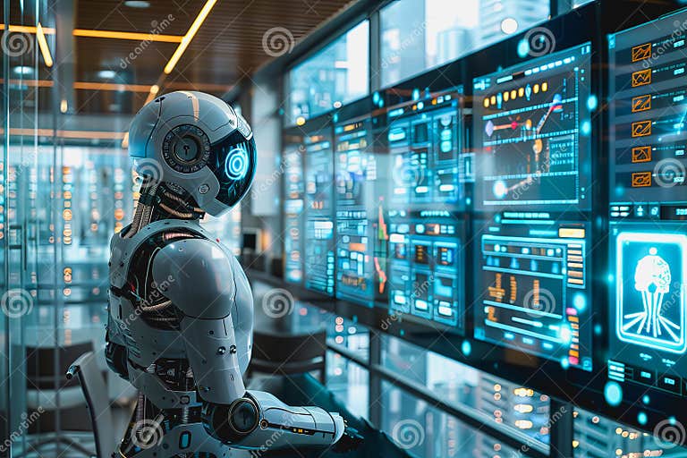 AI Robots with Screens Displaying Real Time Data Analysis and Learning Big Data in the World ...