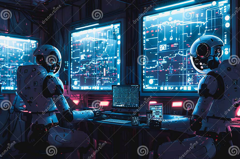 AI Robots with Screens Displaying Real Time Data Analysis and Learning Big Data in the World ...