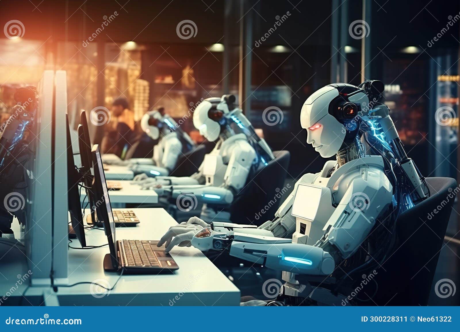 AI Robots Using Multiple Computers Working Monitoring Data in Office Generative AI Stock ...