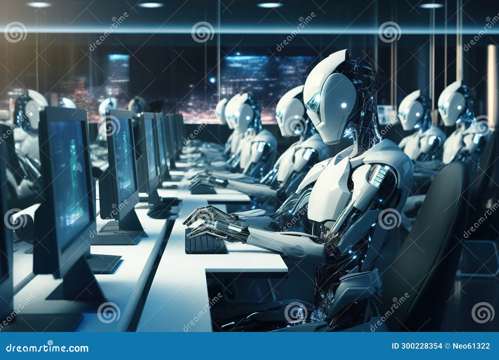 AI Robots Using Multiple Computers Working Monitoring Data in Office Generative AI Stock ...