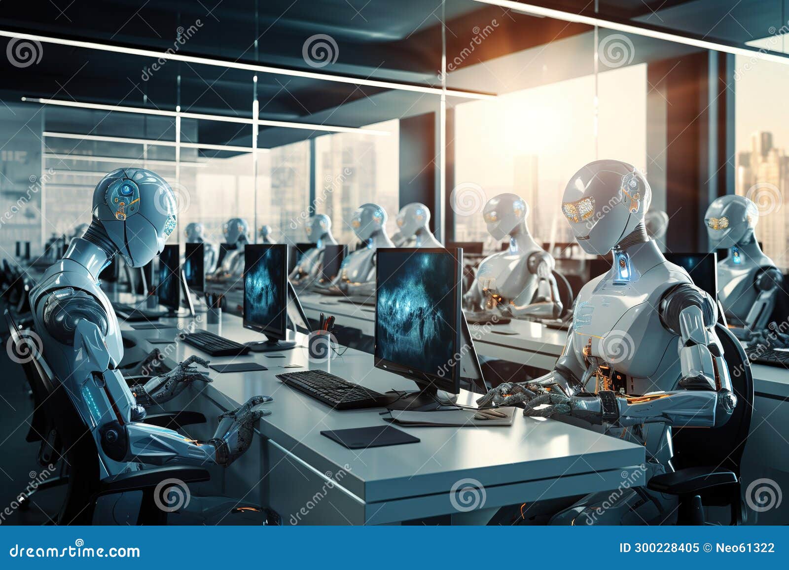 AI Robots Using Multiple Computers Working Monitoring Data in Office Generative AI Stock ...