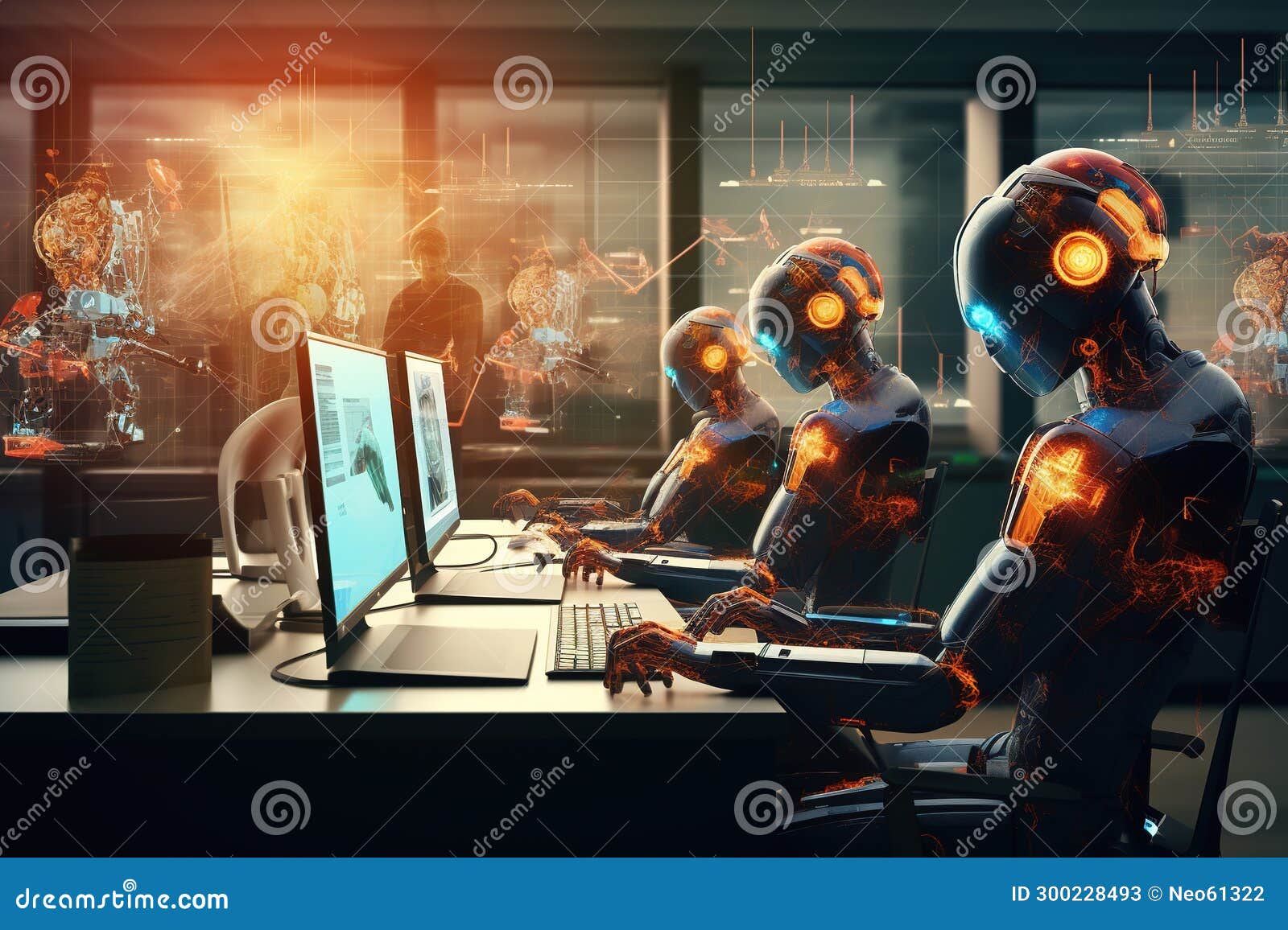 AI Robots Using Multiple Computers Working Monitoring Data in Office Generative AI Stock ...