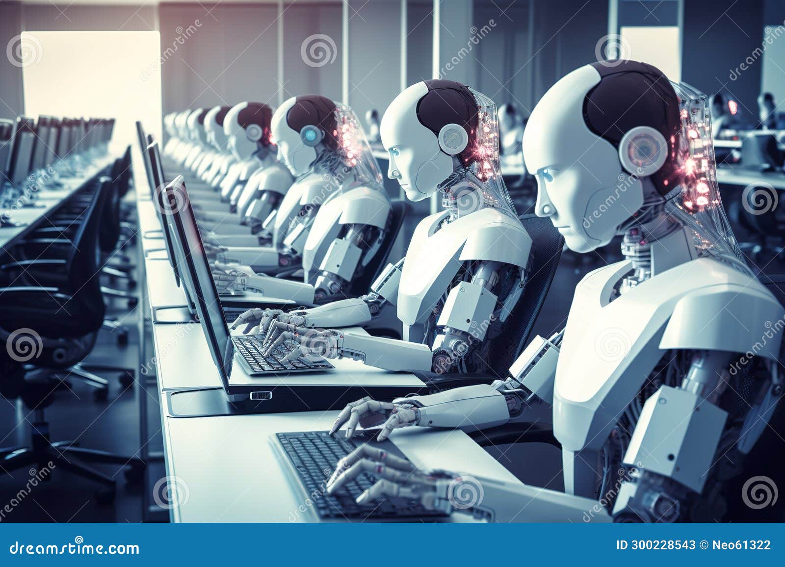 Ai Robots Using Multiple Computers Working Monitoring Data In Office Generative Ai Stock