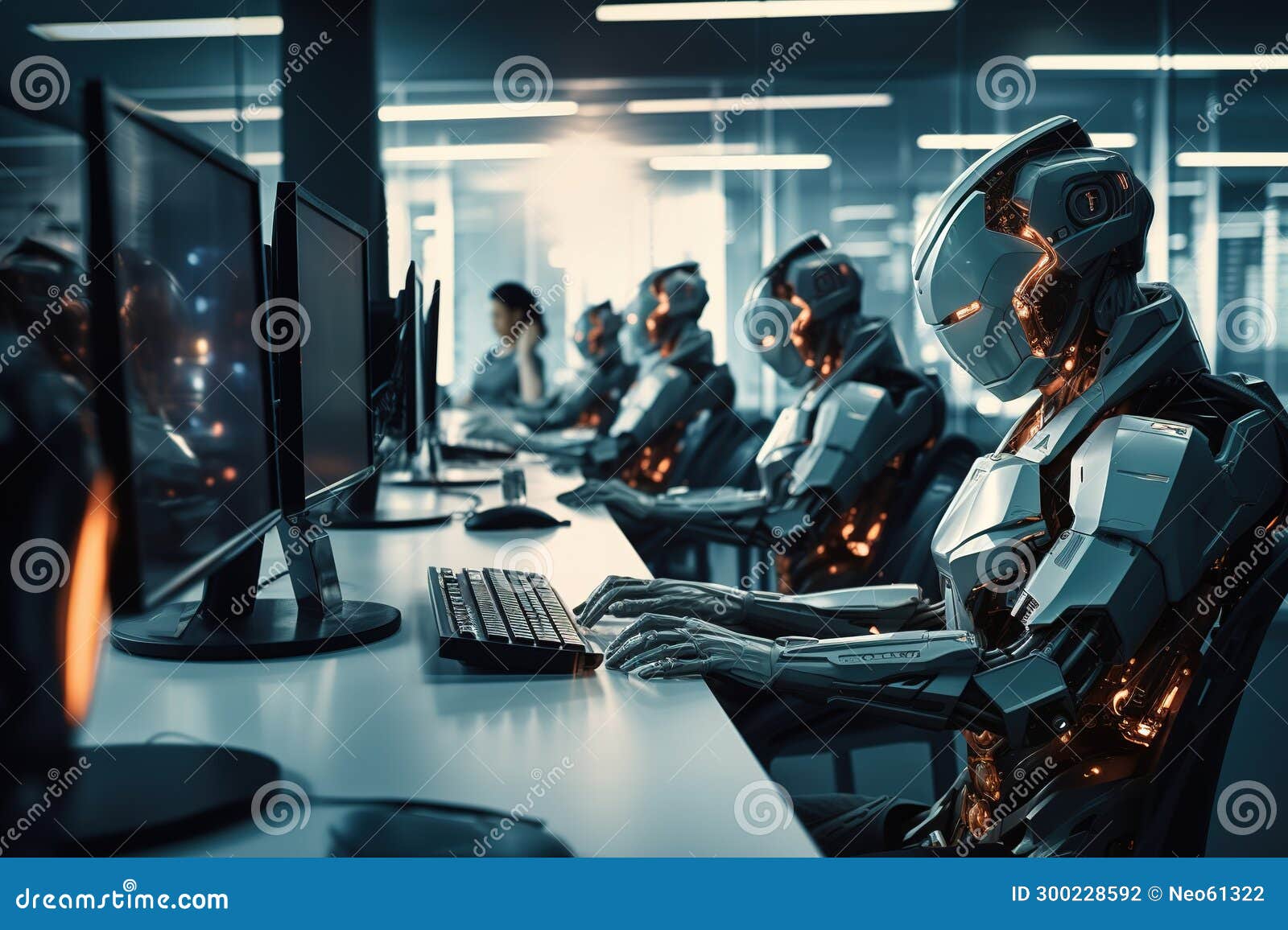 AI Robots Using Multiple Computers Working Monitoring Data in Office Generative AI Stock ...