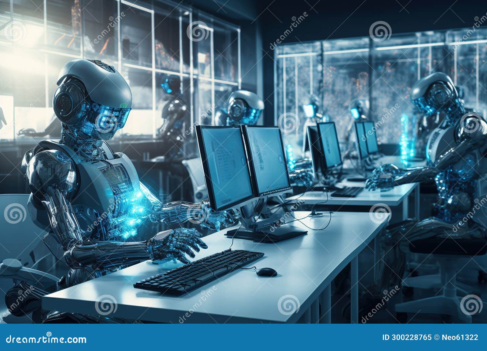 AI Robots Using Multiple Computers Working Monitoring Data in Office Generative AI Stock ...