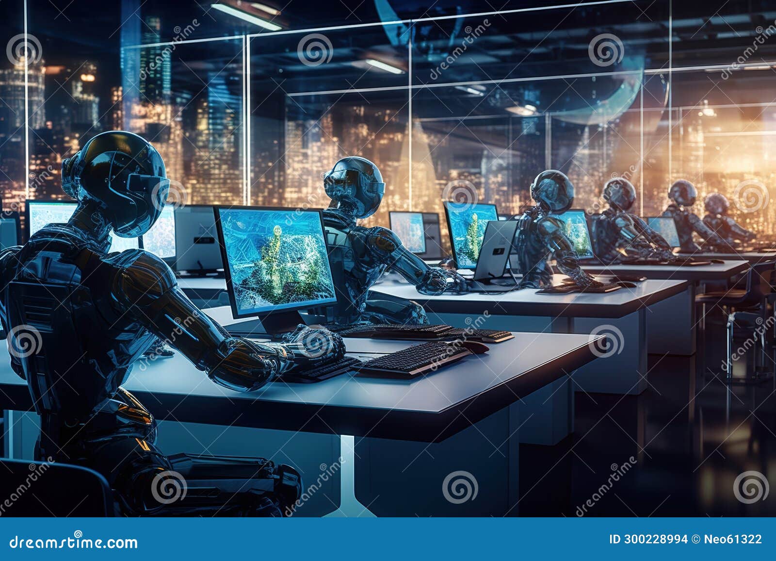 Ai Robots Using Multiple Computers Working Monitoring Data In Office Generative Ai Stock