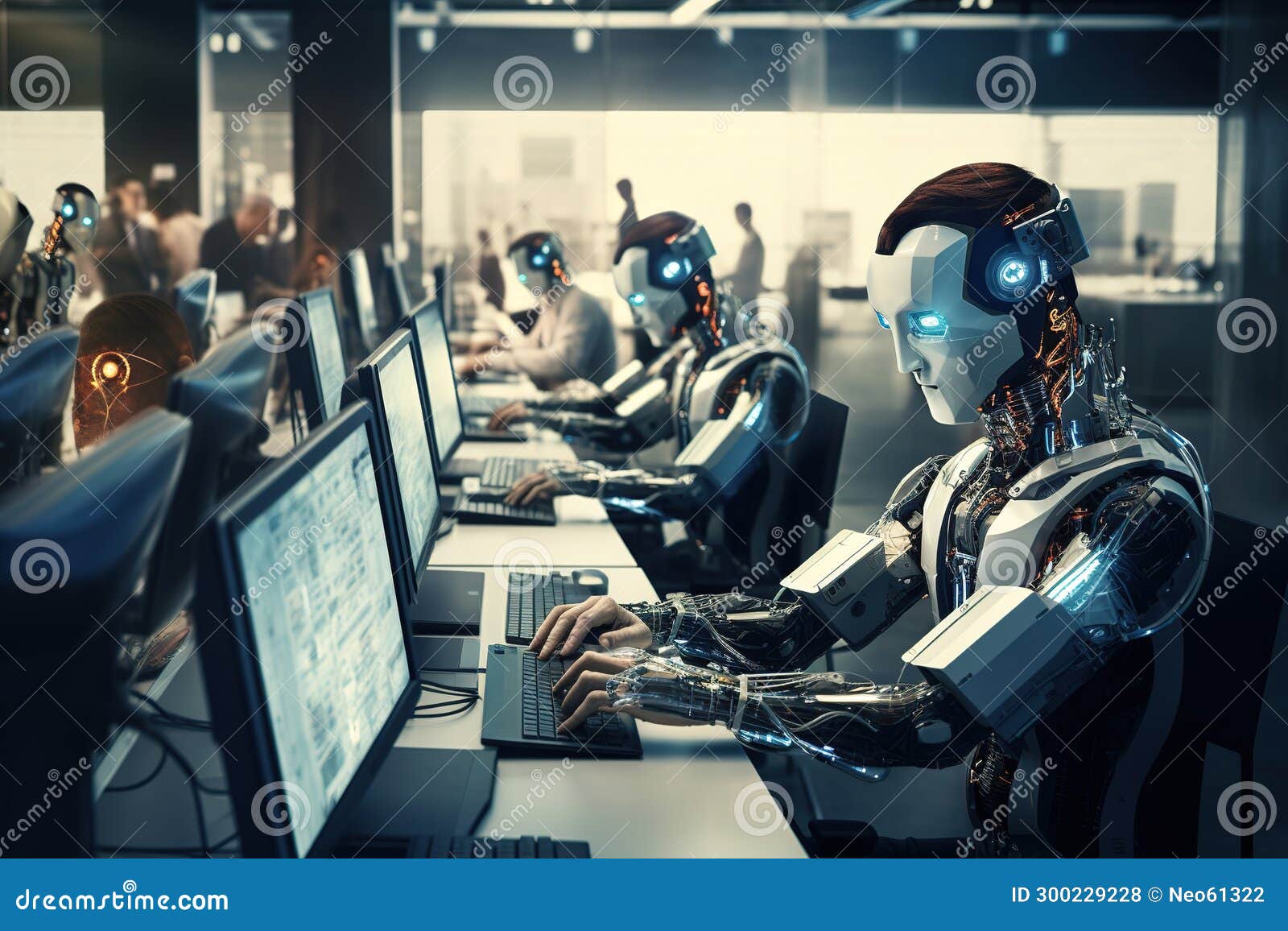 AI Robots Using Multiple Computers Working Monitoring Data in Office Generative AI Stock ...