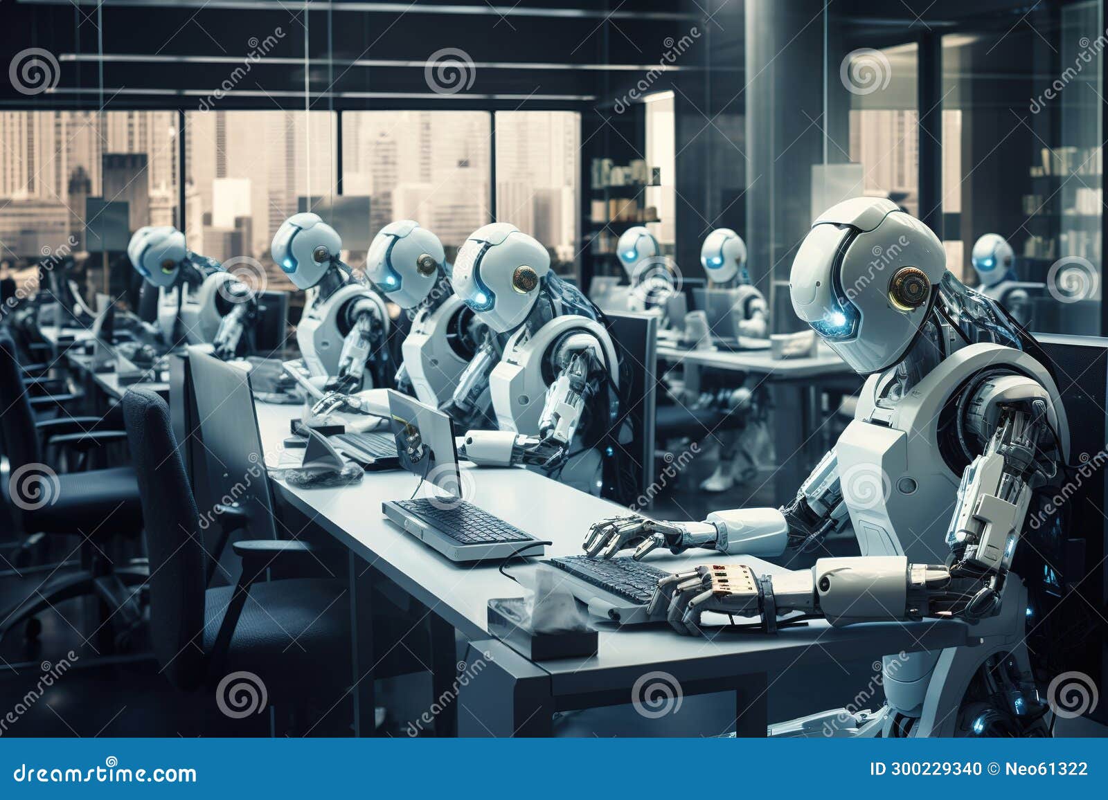 AI Robots Using Multiple Computers Working Monitoring Data in Office Generative AI Stock ...