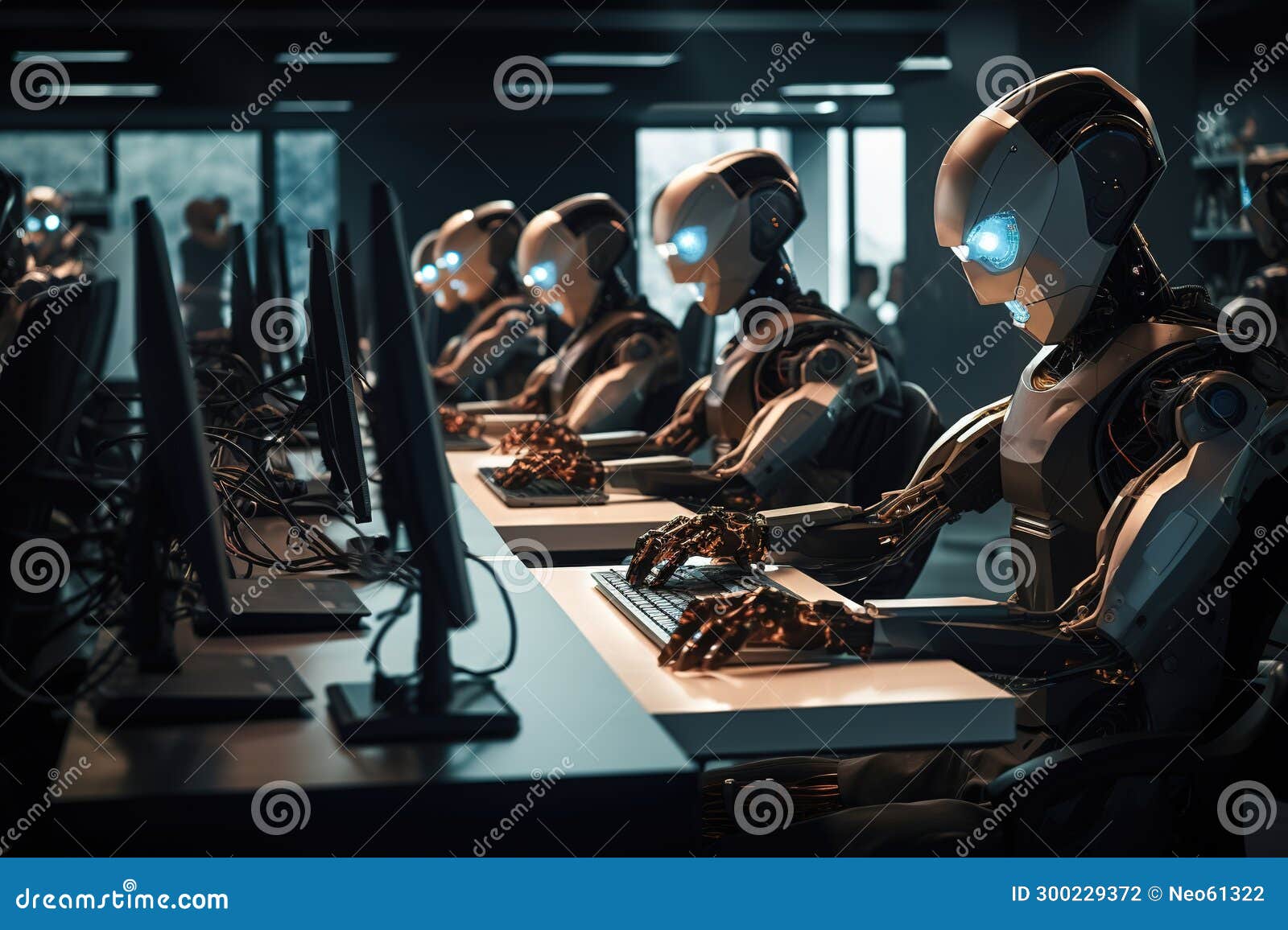 AI Robots Using Multiple Computers Working Monitoring Data in Office Generative AI Stock ...