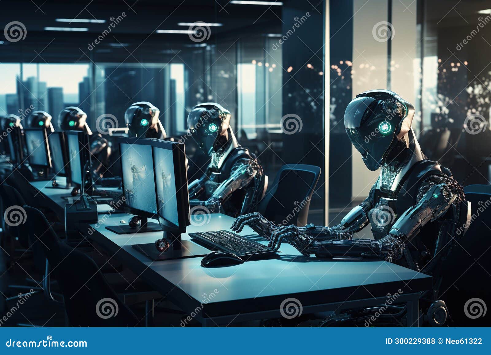 AI Robots Using Multiple Computers Working Monitoring Data in Office ...