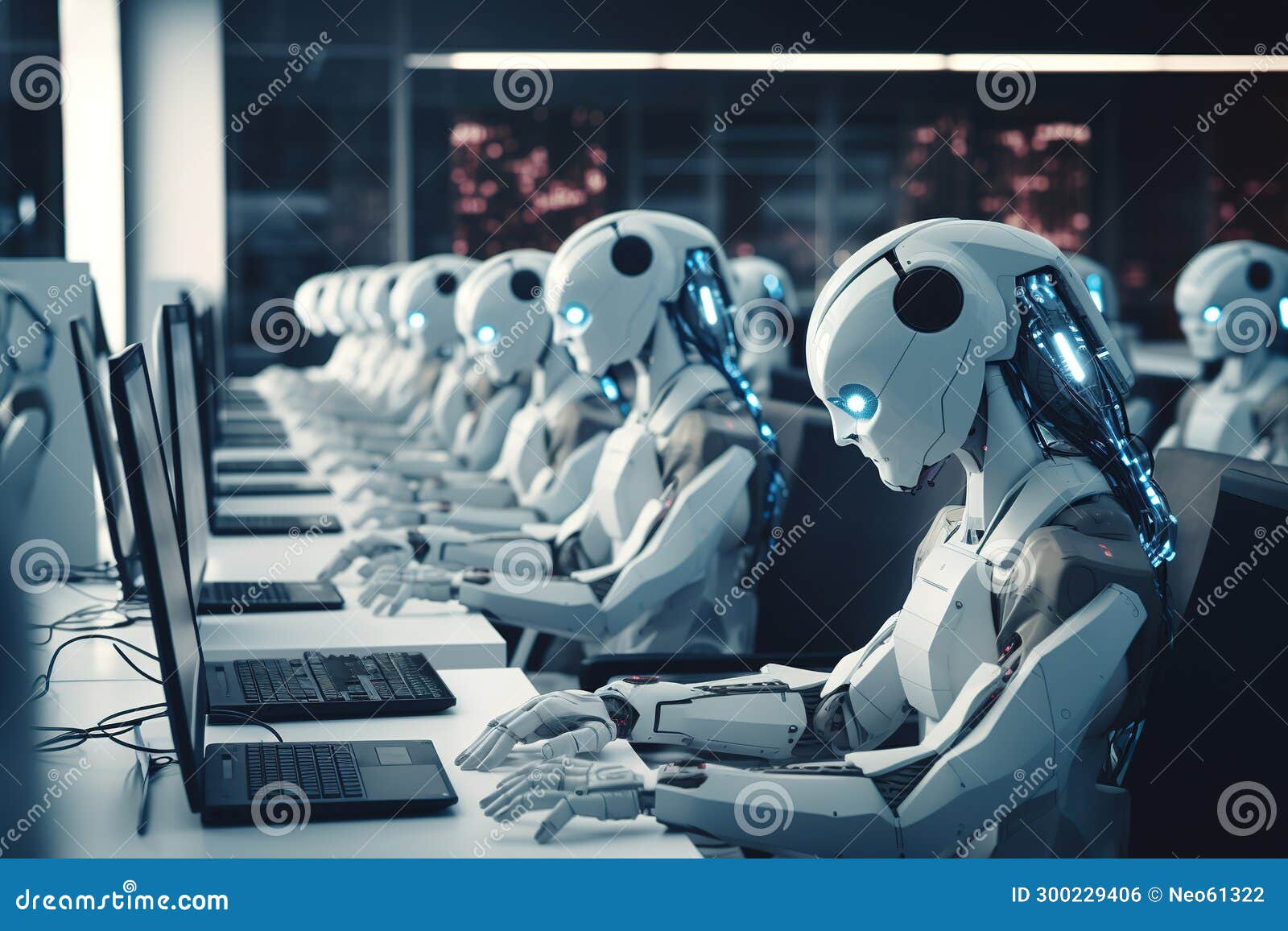 Ai Robots Using Multiple Computers Working Monitoring Data In Office Generative Ai Stock