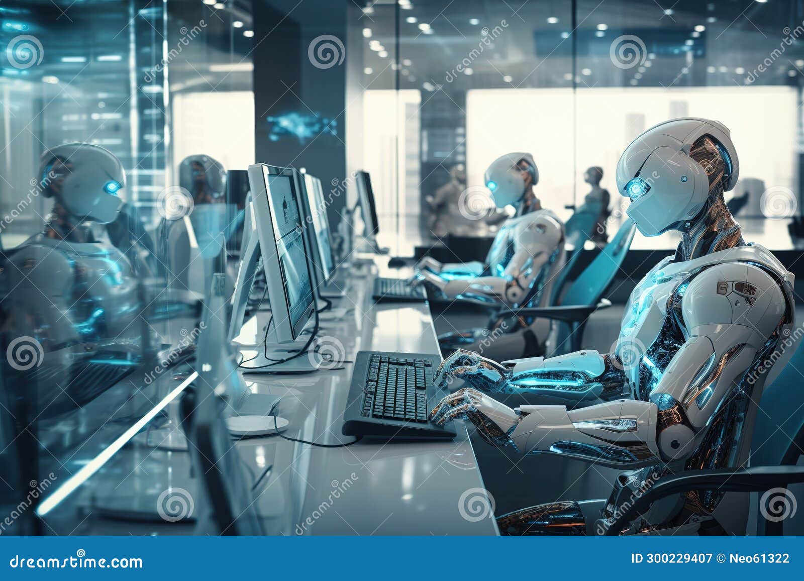 AI Robots Using Multiple Computers Working Monitoring Data in Office ...
