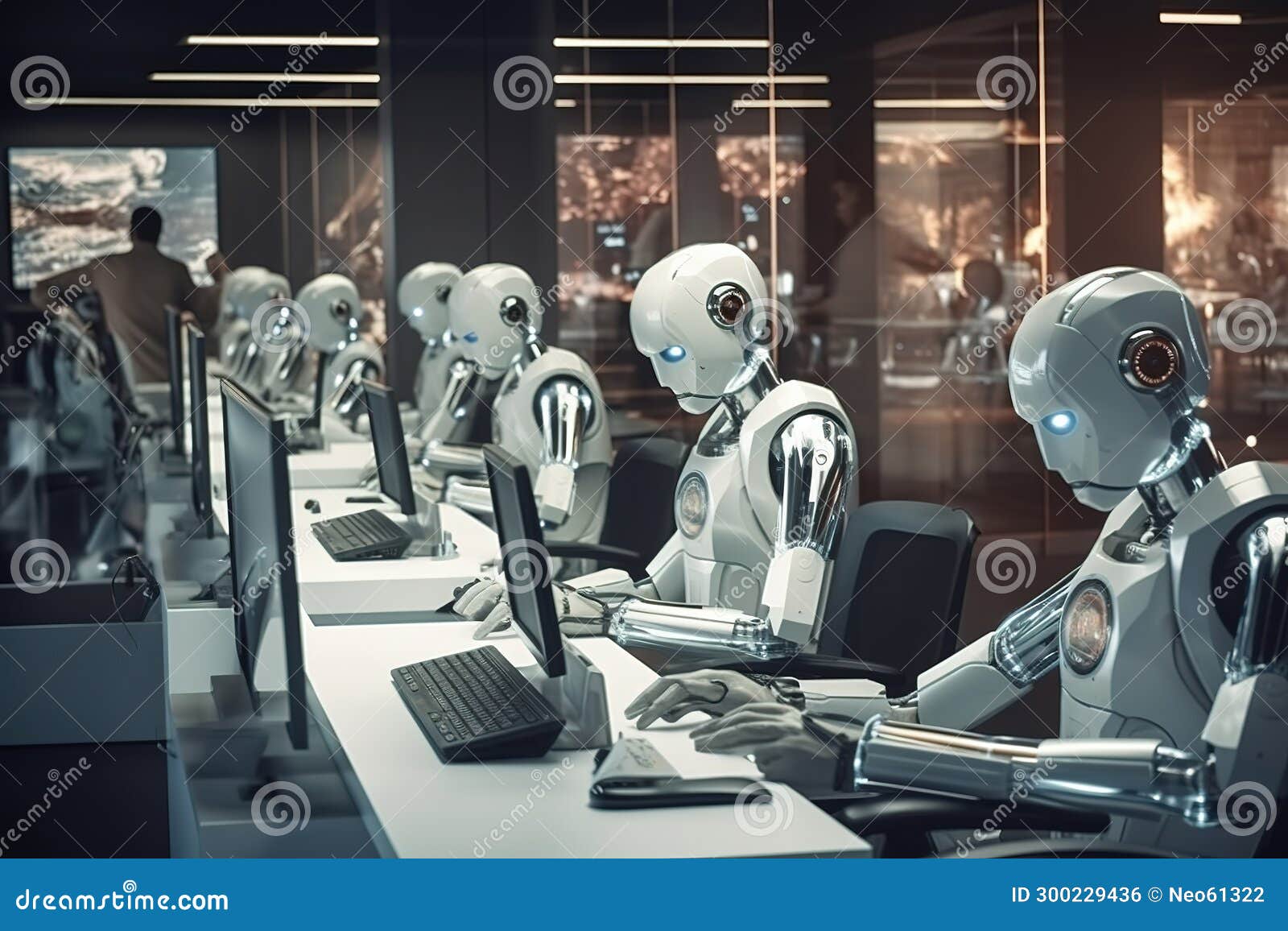 AI Robots Using Multiple Computers Working Monitoring Data in Office ...