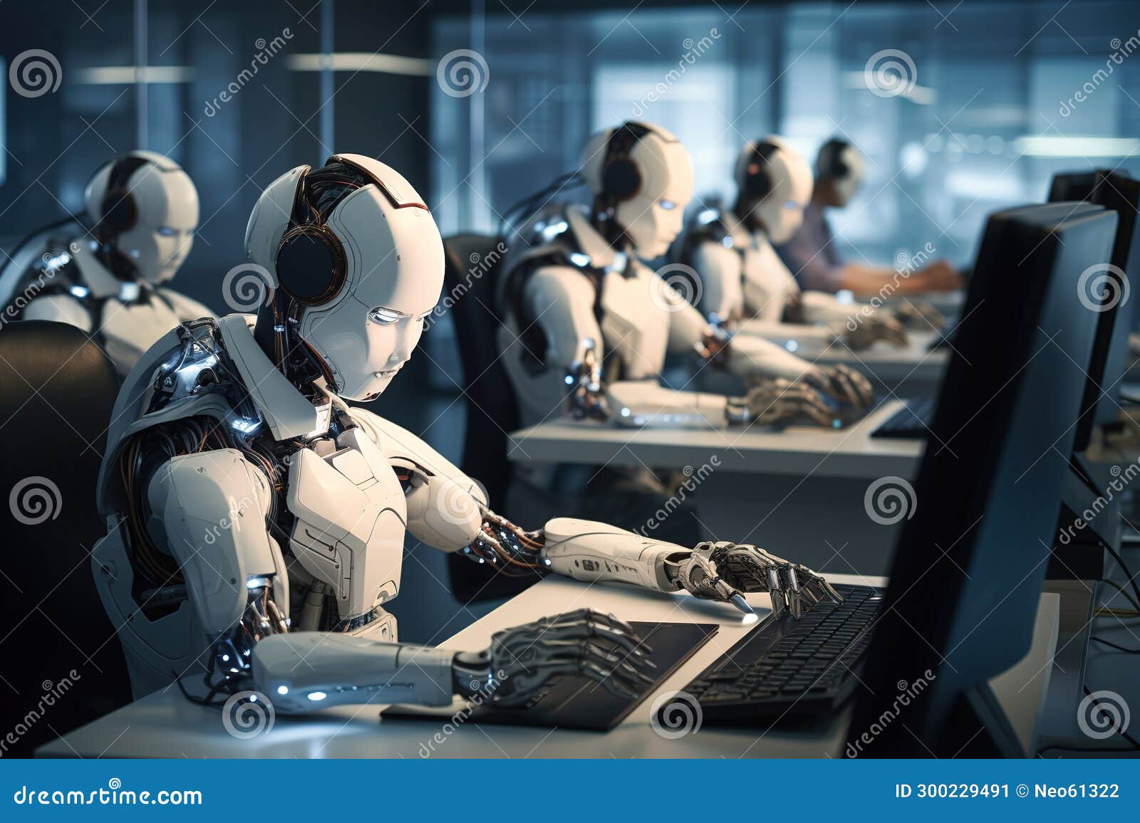 AI Robots Using Multiple Computers Working Monitoring Data in Office Generative AI Stock ...