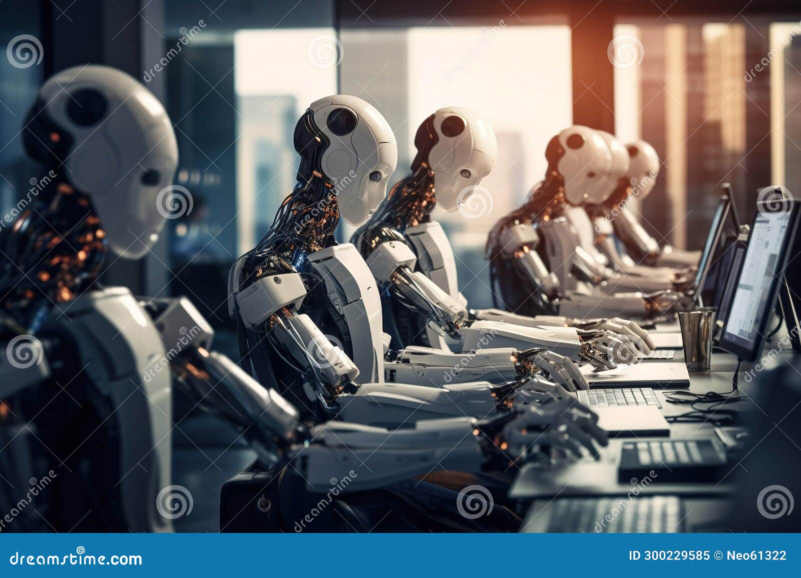 AI Robots Using Multiple Computers Working Monitoring Data in Office Generative AI Stock ...