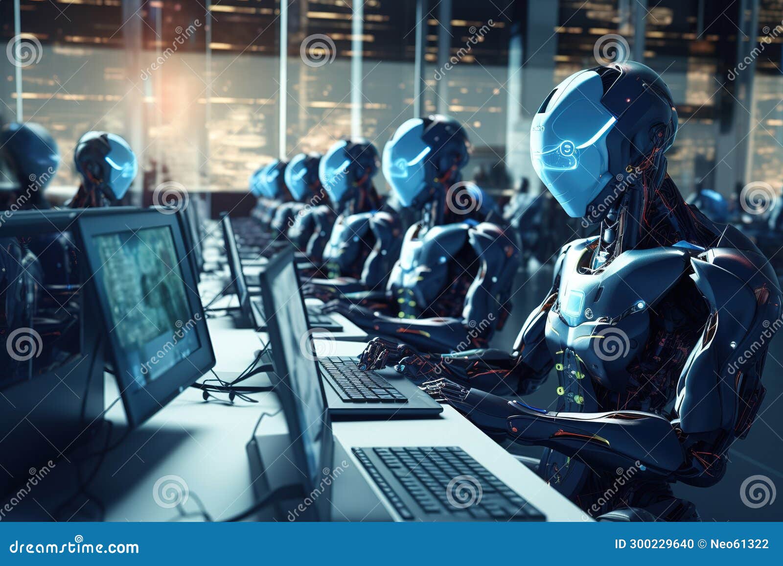 AI Robots Using Multiple Computers Working Monitoring Data in Office Generative AI Stock ...