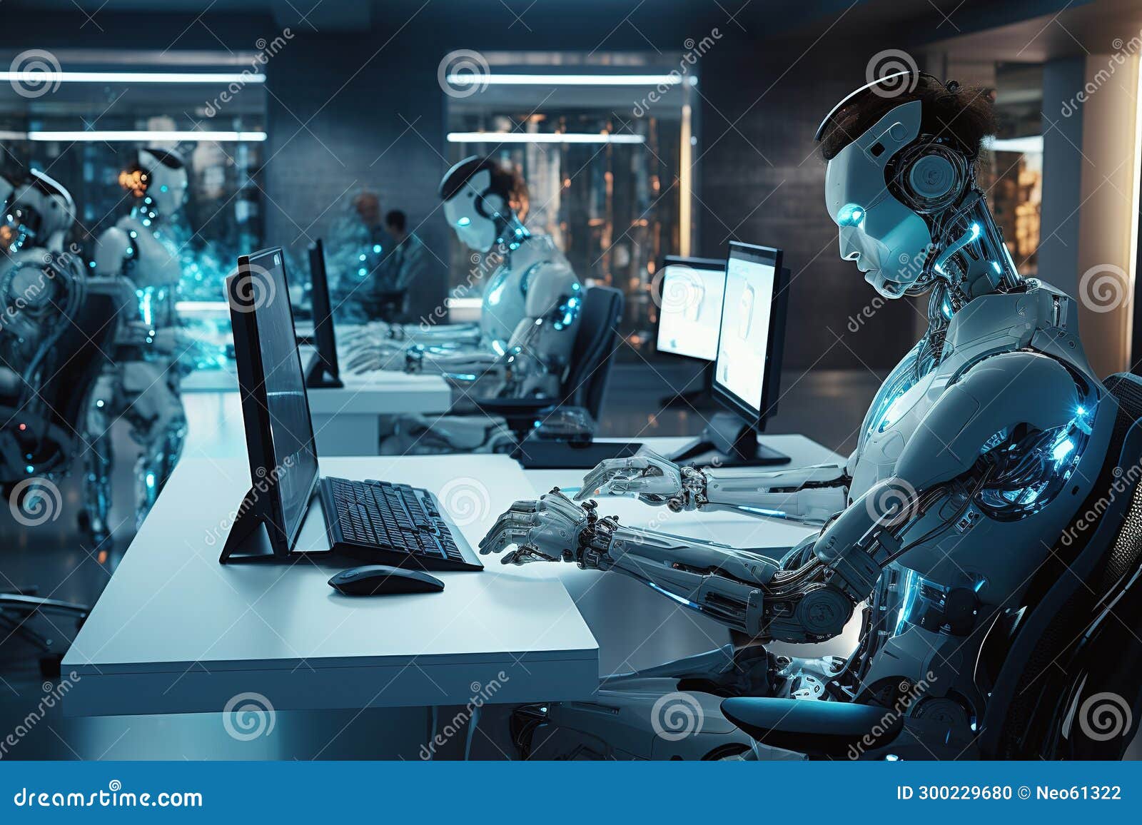AI Robots Using Multiple Computers Working Monitoring Data in Office Generative AI Stock ...