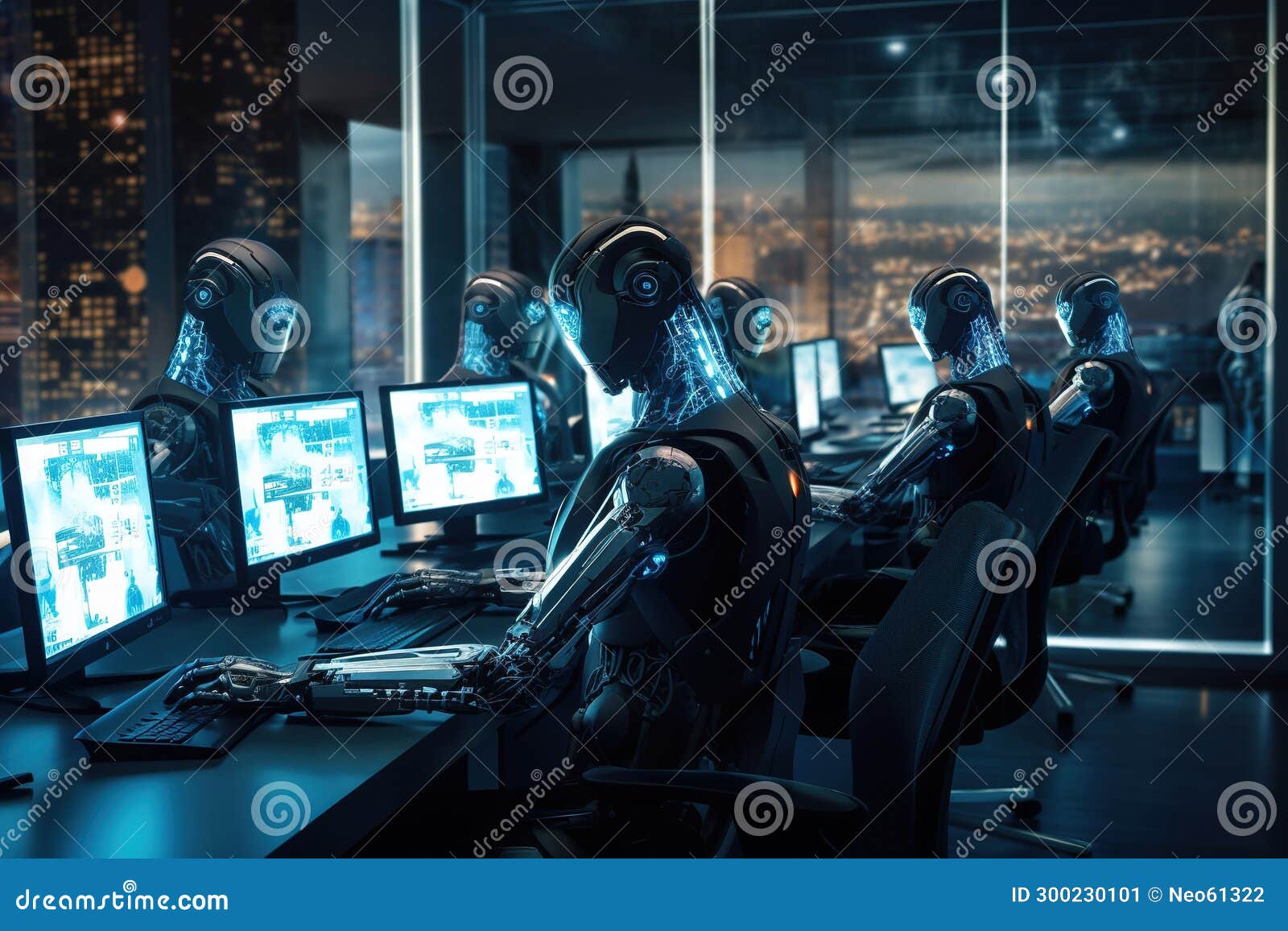 AI Robots Using Multiple Computers Working Monitoring Data in Office ...