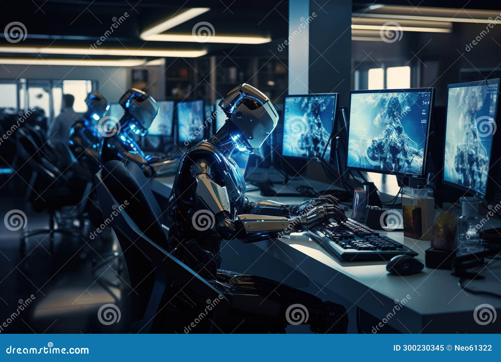AI Robots Using Multiple Computers Working Monitoring Data in Office ...