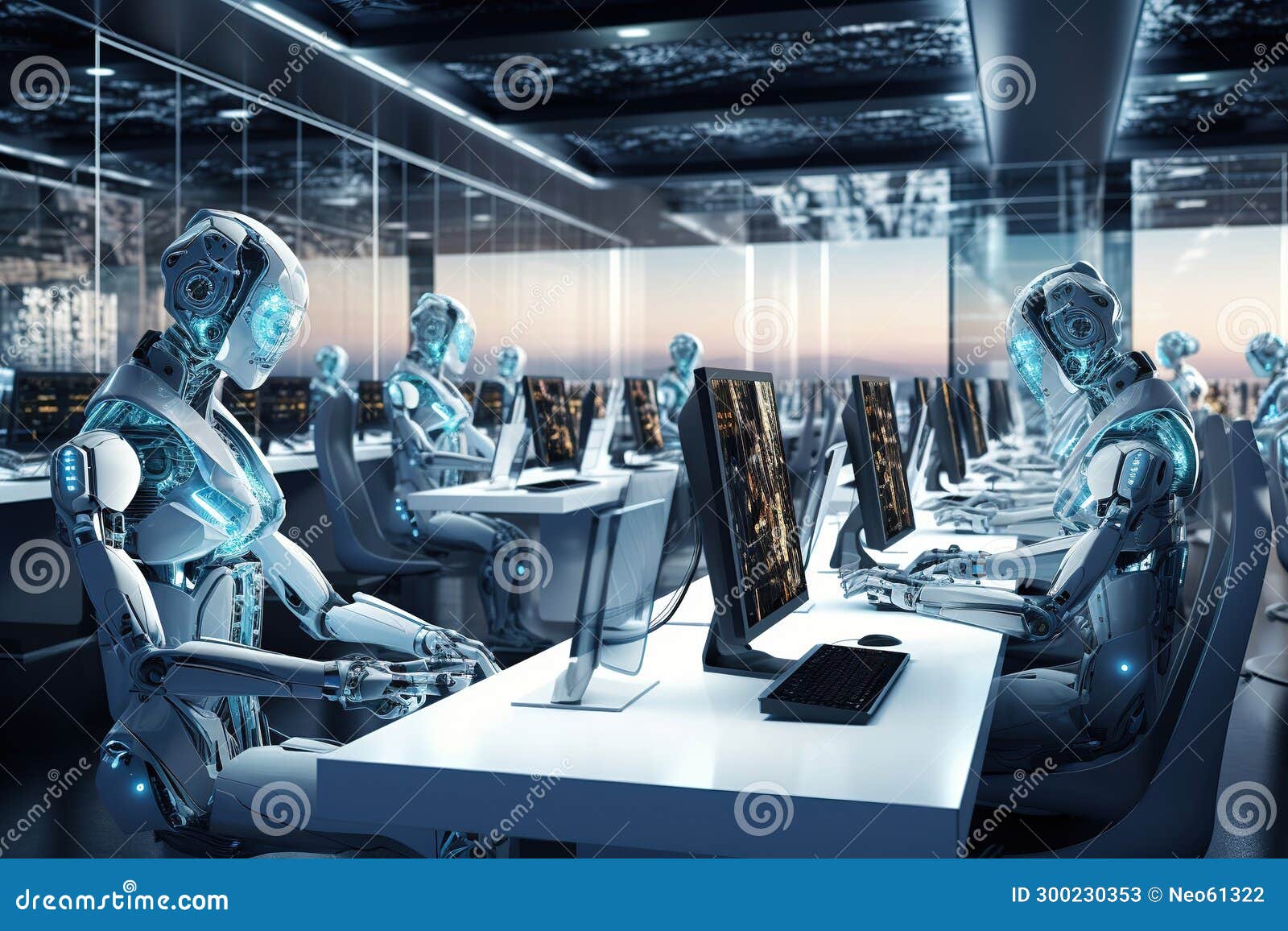 AI Robots Using Multiple Computers Working Monitoring Data in Office ...