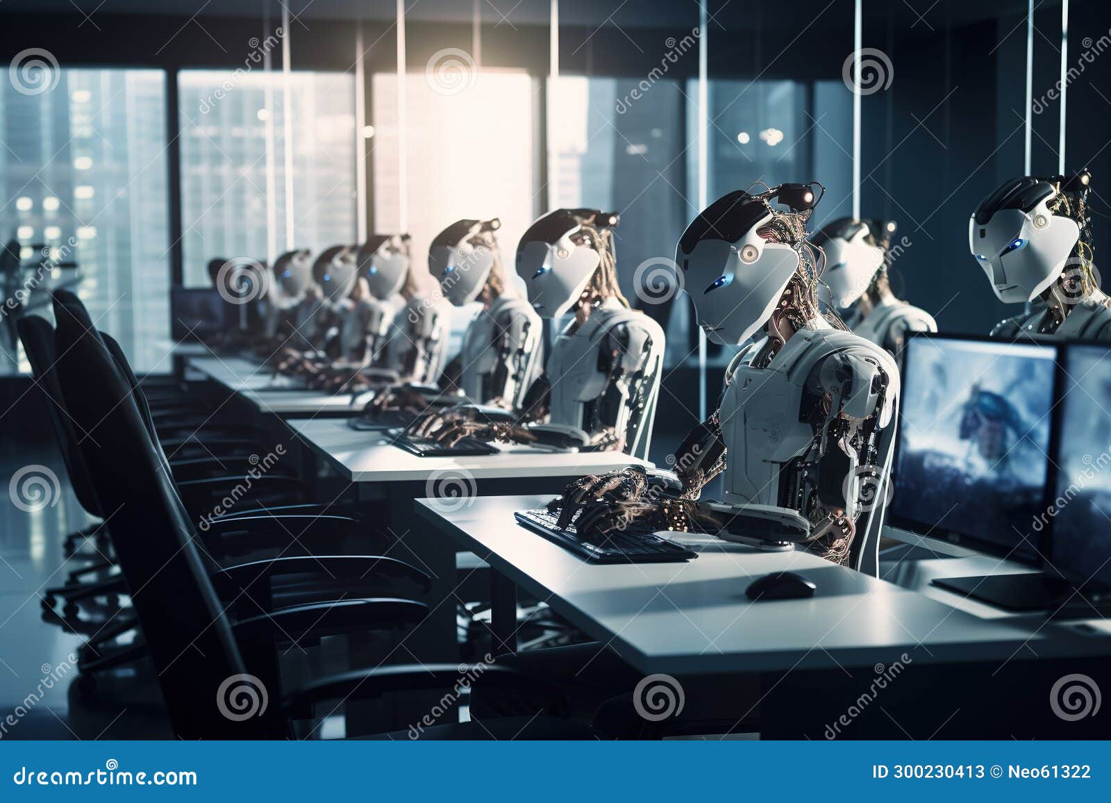 AI Robots Using Multiple Computers Working Monitoring Data in Office Generative AI Stock ...