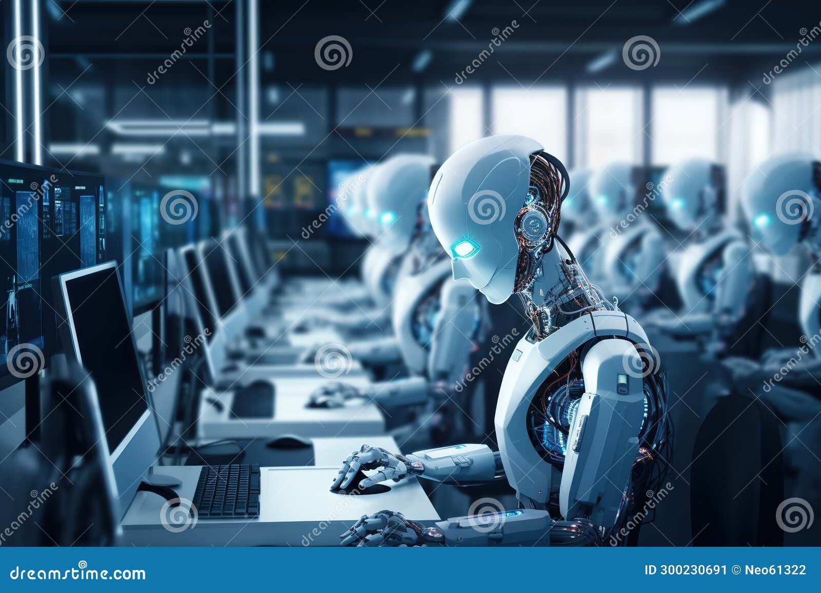 AI Robots Using Multiple Computers Working Monitoring Data in Office ...
