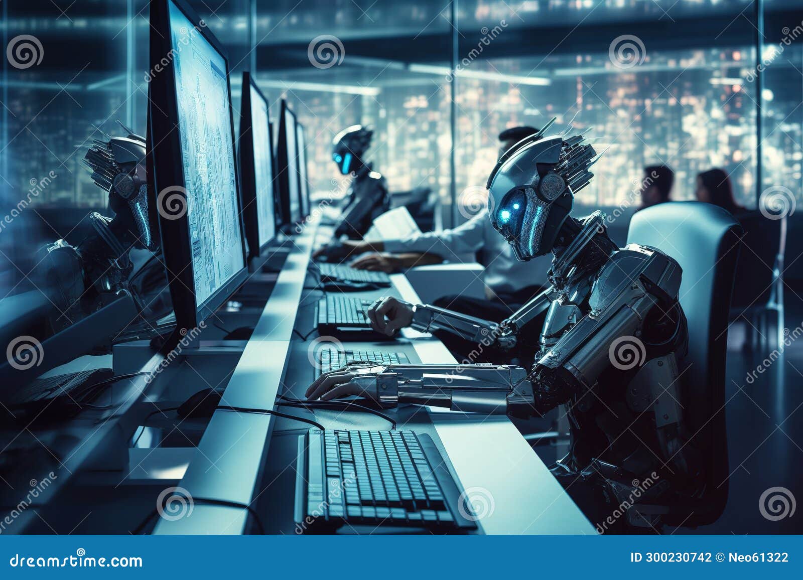 Ai Robots Using Multiple Computers Working Monitoring Data In Office Generative Ai Stock
