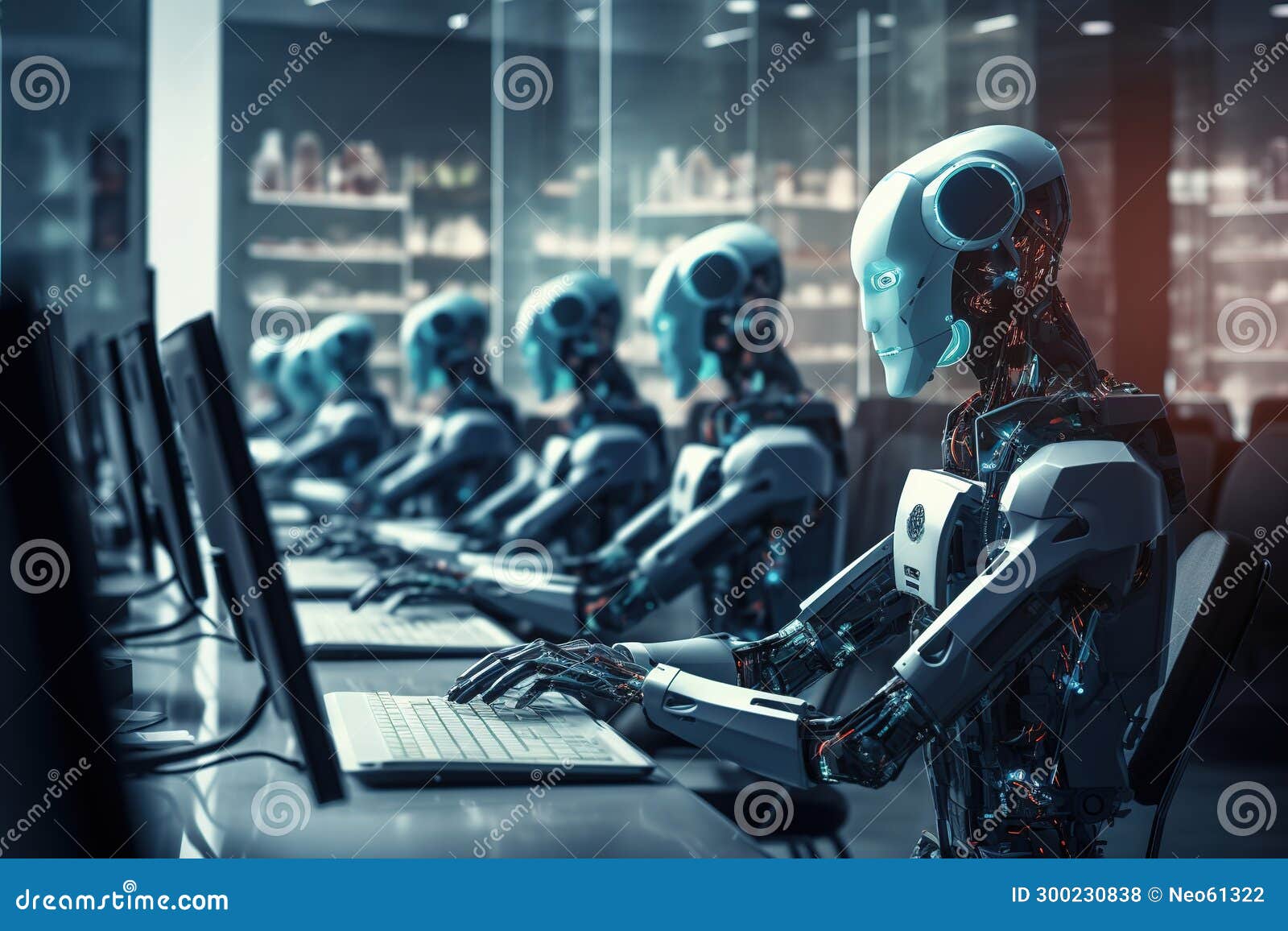AI Robots Using Multiple Computers Working Monitoring Data in Office ...