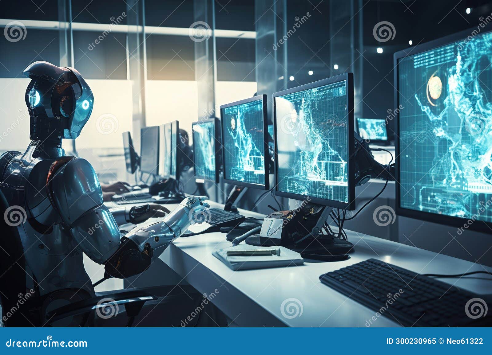 AI Robots Using Multiple Computers Working Monitoring Data in Office Generative AI Stock ...