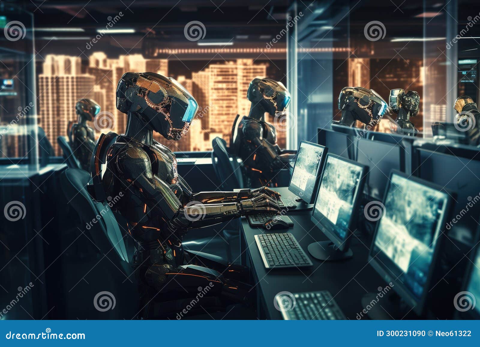 AI Robots Using Multiple Computers Working Monitoring Data in Office ...
