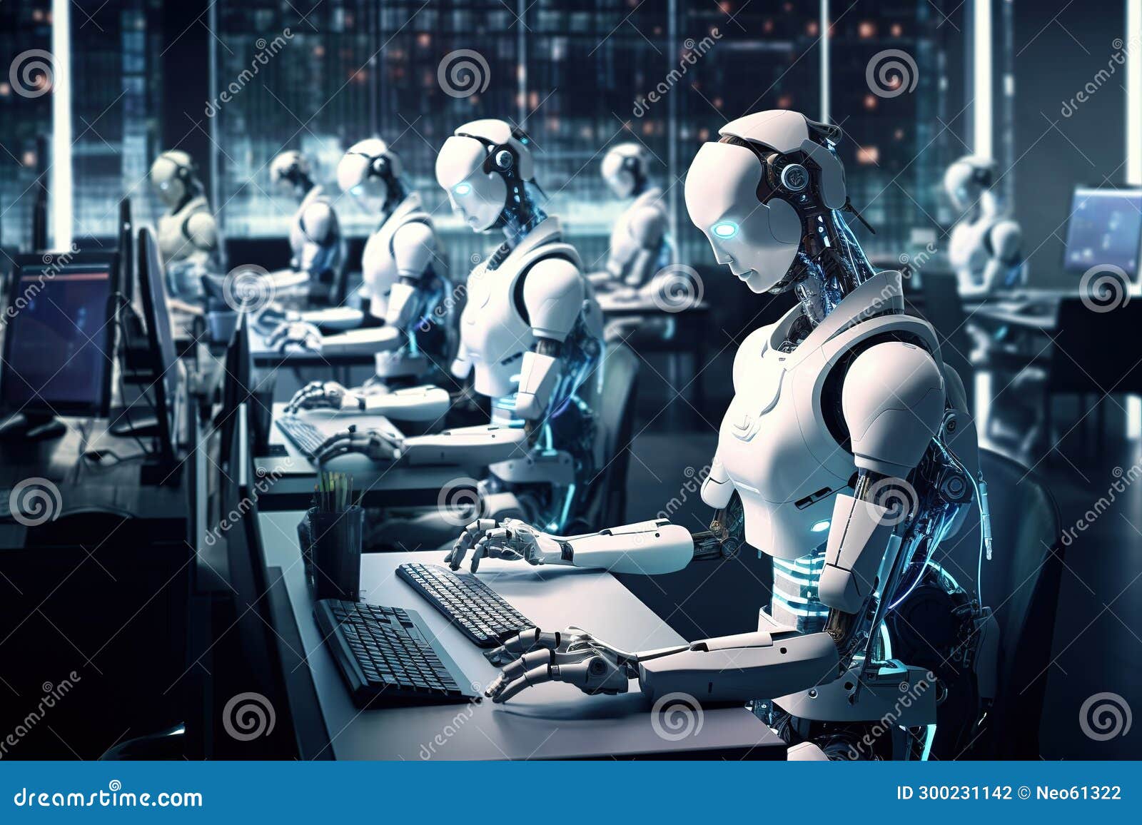 AI Robots Using Multiple Computers Working Monitoring Data in Office ...