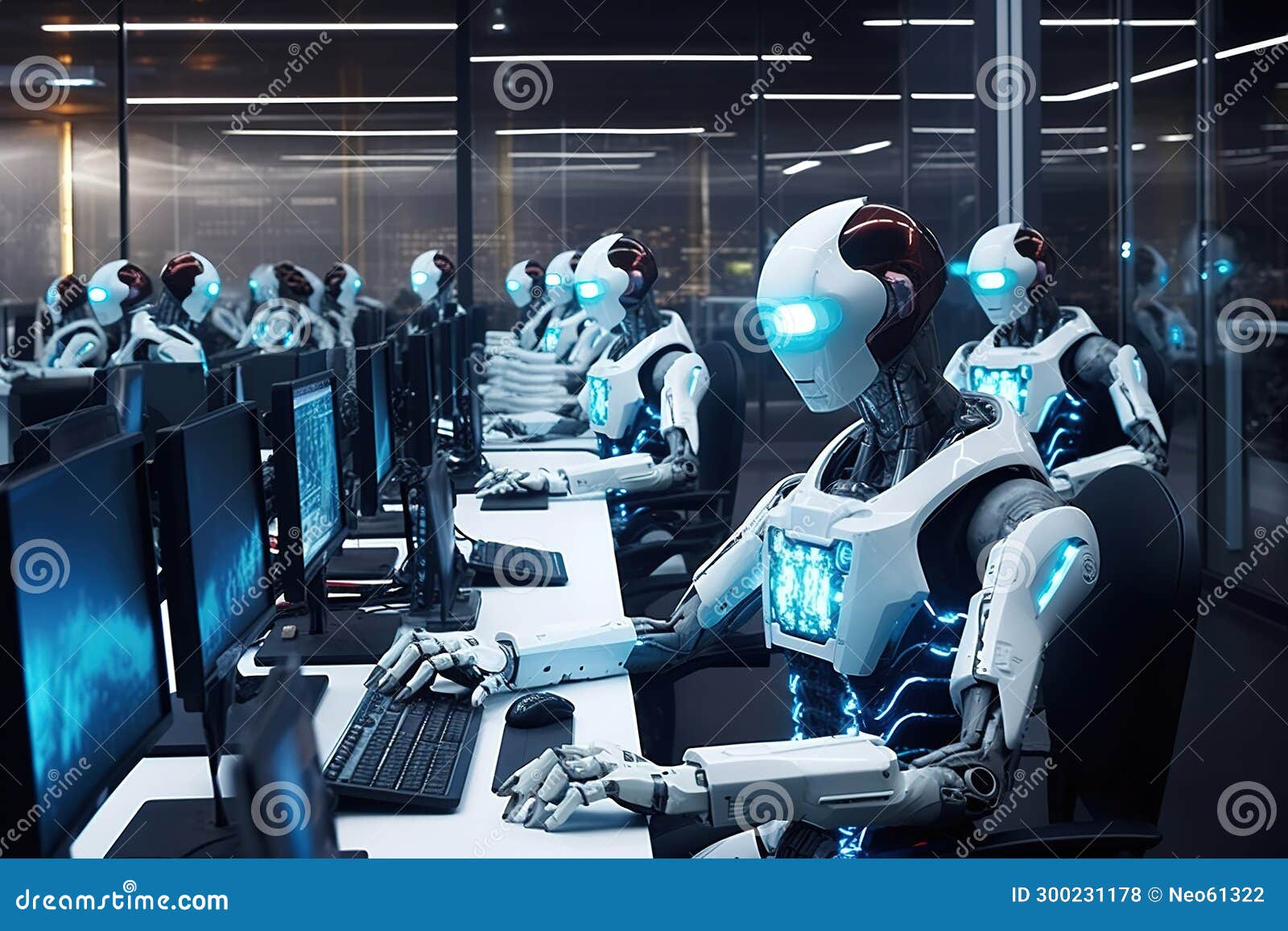 AI Robots Using Multiple Computers Working Monitoring Data in Office Generative AI Stock ...