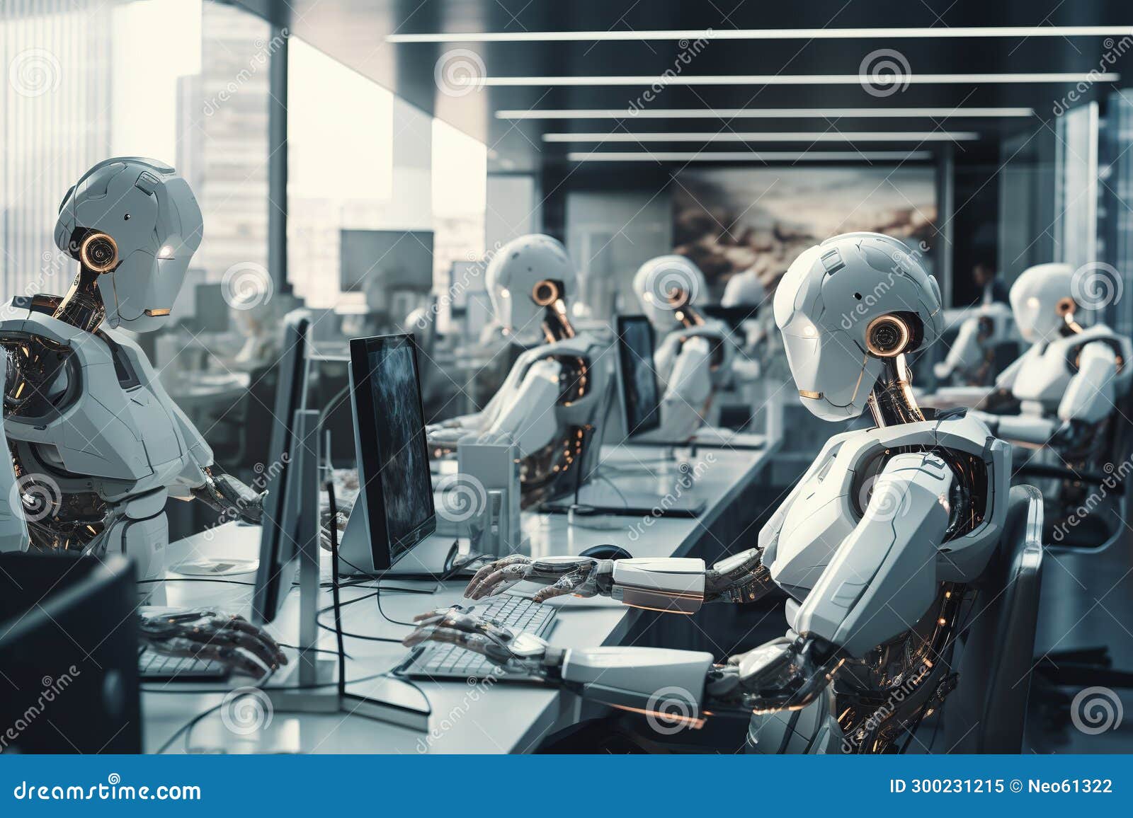 Ai Robots Using Multiple Computers Working Monitoring Data In Office Generative Ai Stock