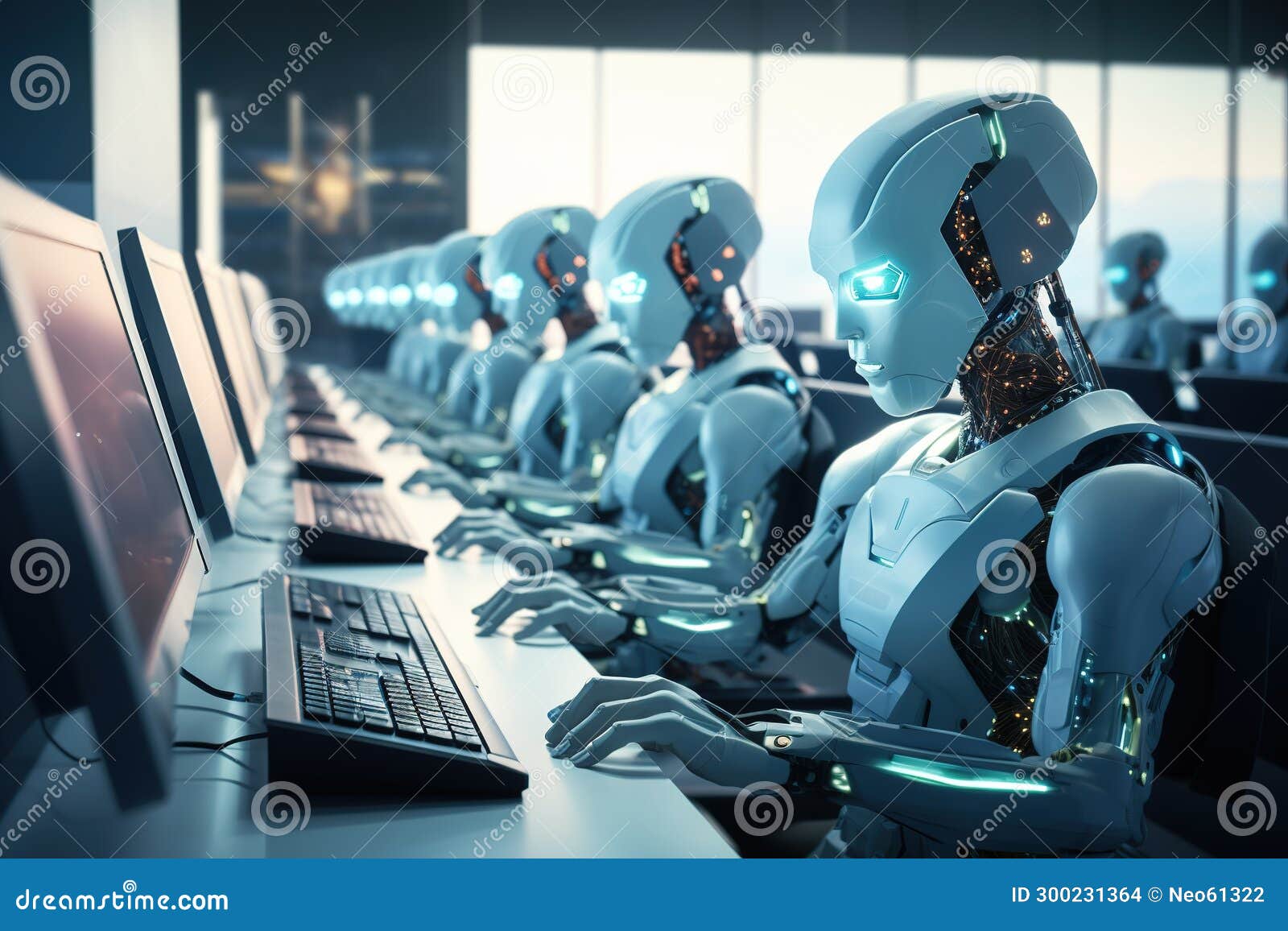 AI Robots Using Multiple Computers Working Monitoring Data in Office ...
