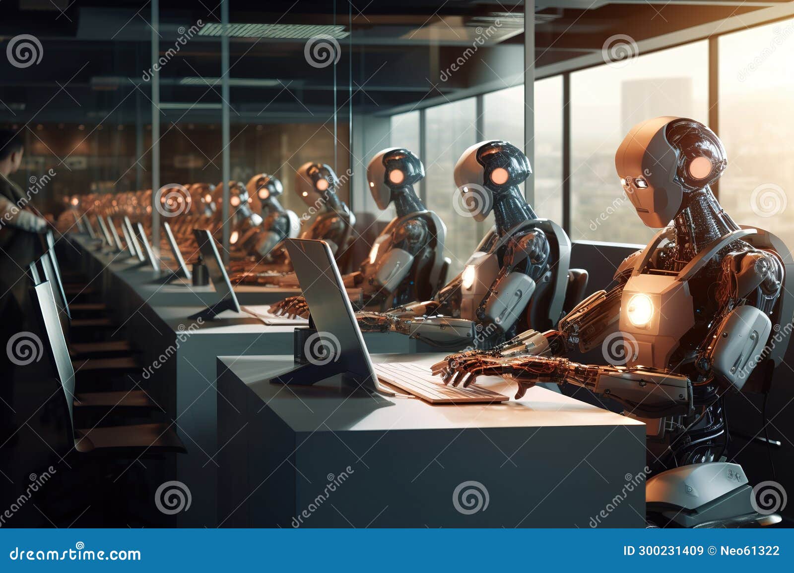 AI Robots Using Multiple Computers Working Monitoring Data in Office Generative AI Stock ...