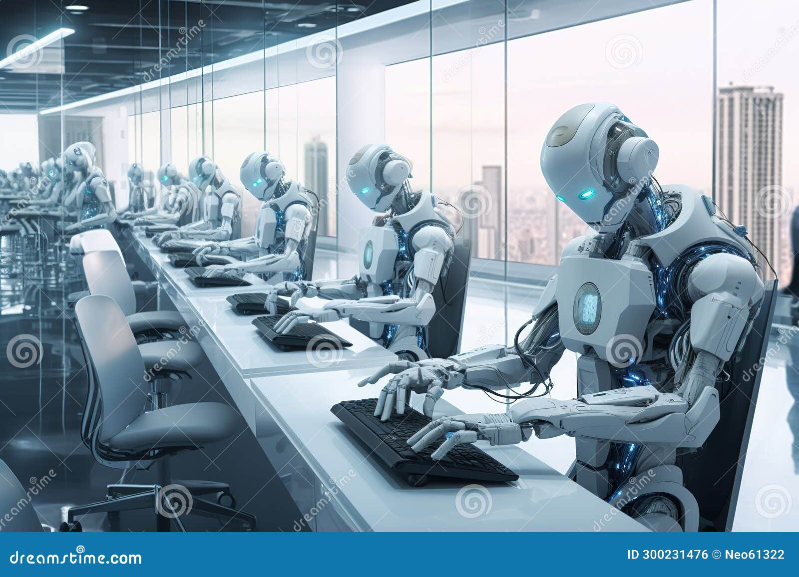 AI Robots Using Multiple Computers Working Monitoring Data in Office Generative AI Stock ...