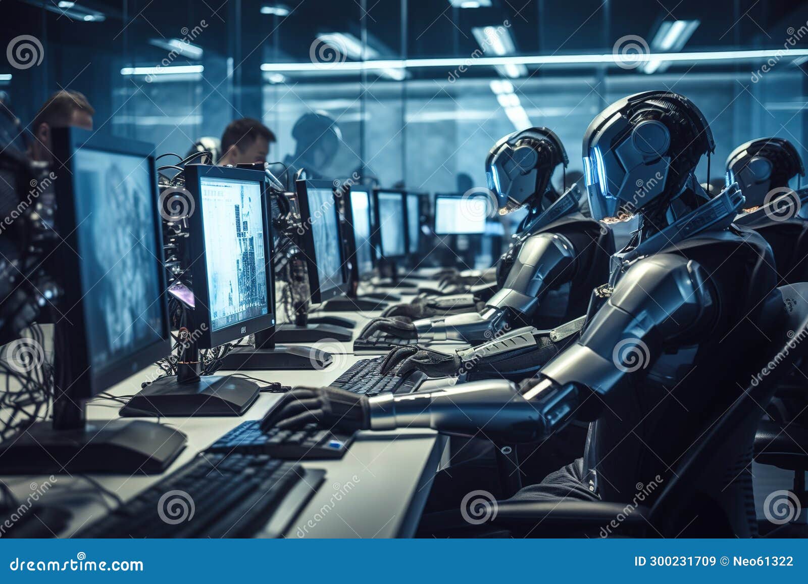 AI Robots Using Multiple Computers Working Monitoring Data in Office Generative AI Stock ...