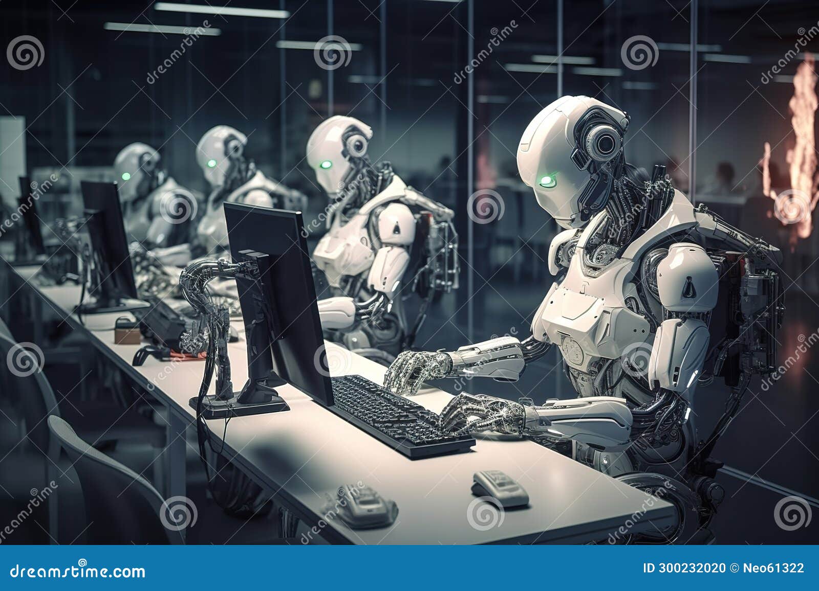 Ai Robots Using Multiple Computers Working Monitoring Data In Office Generative Ai Stock