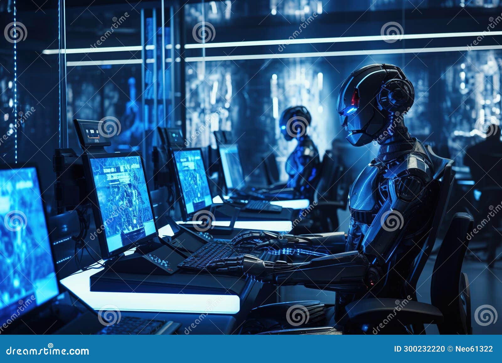 Ai Robots Using Multiple Computers Working Monitoring Data In Office Generative Ai Stock