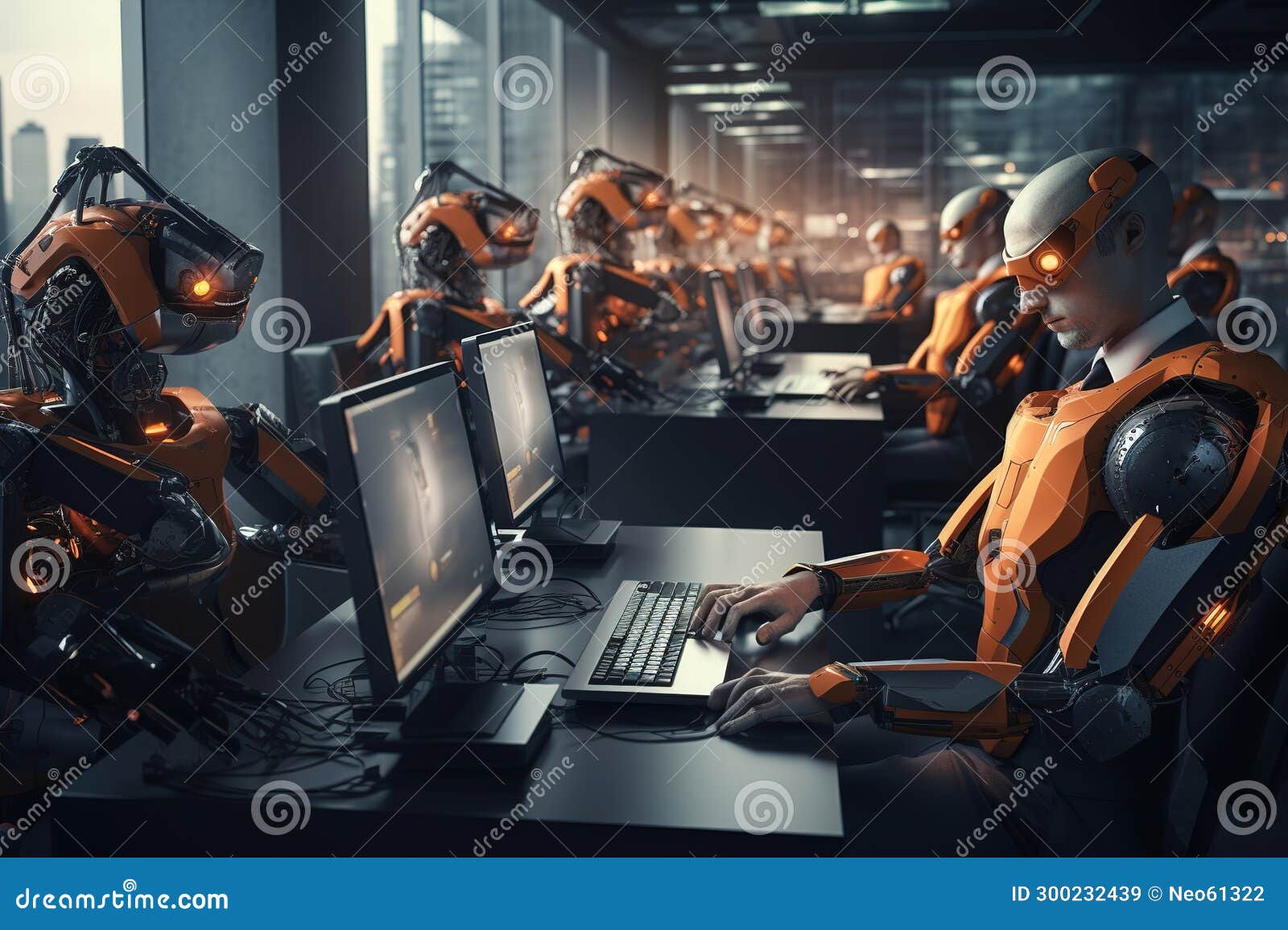 AI Robots Using Multiple Computers Working Monitoring Data in Office Generative AI Stock ...