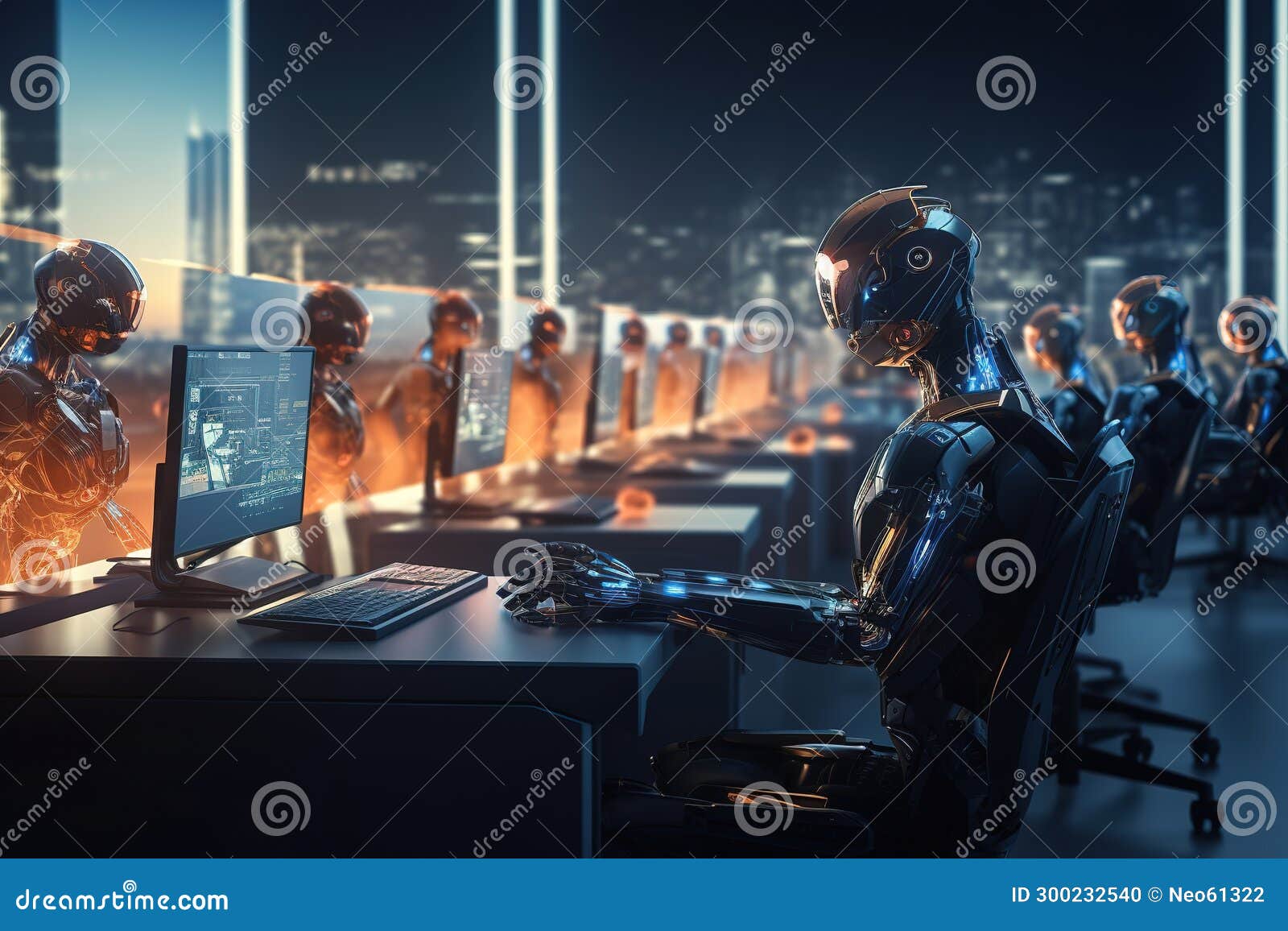Ai Robots Using Multiple Computers Working Monitoring Data In Office Generative Ai Stock