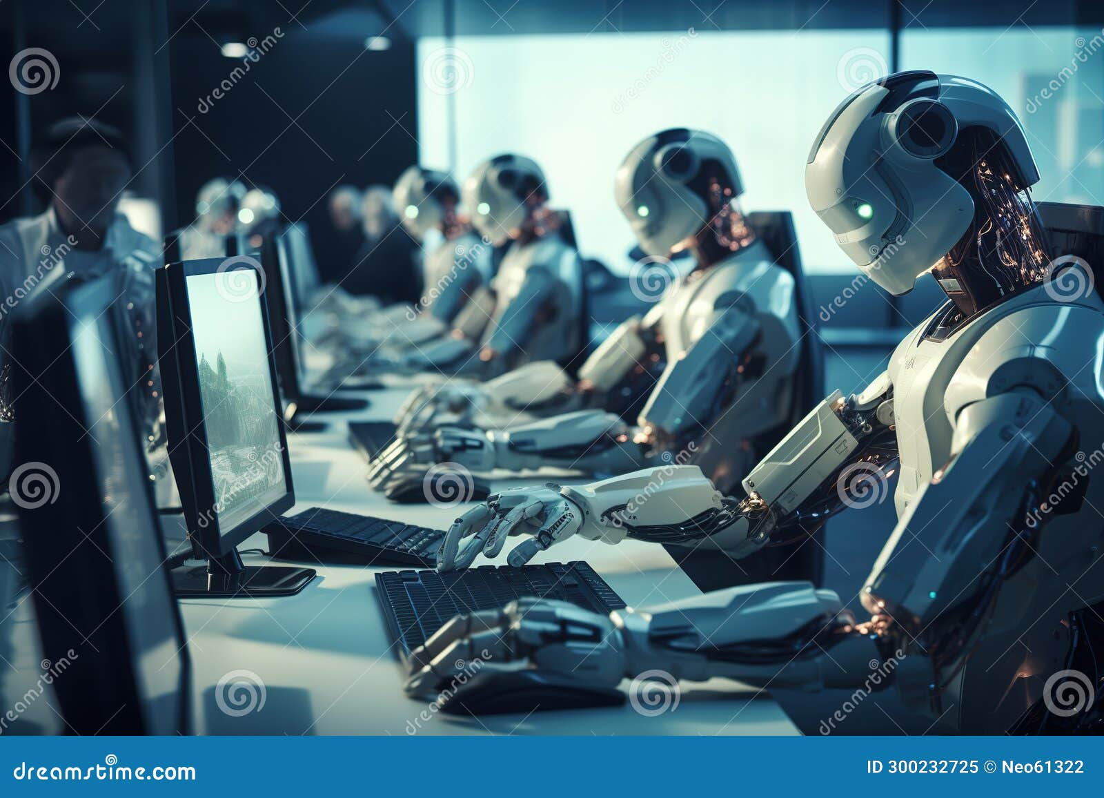 AI Robots Using Multiple Computers Working Monitoring Data in Office ...
