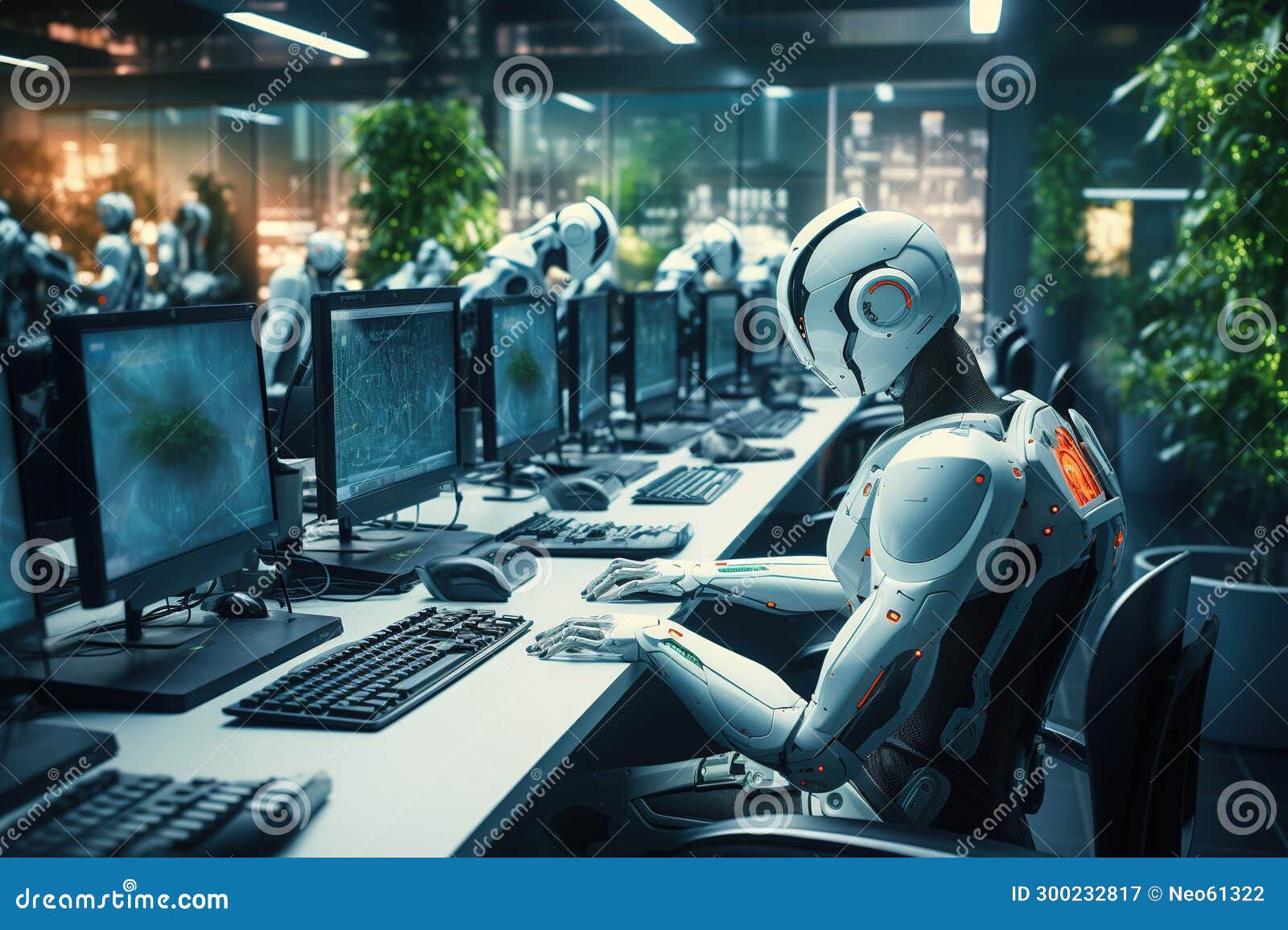 AI Robots Using Multiple Computers Working Monitoring Data in Office ...