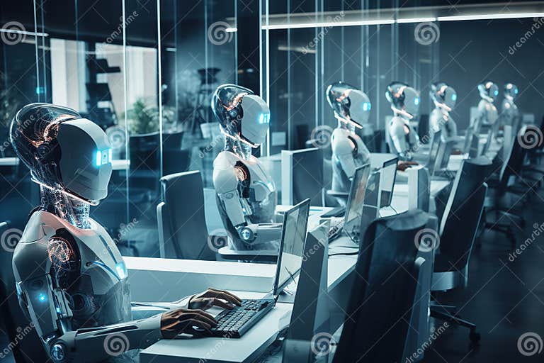 AI Robots Using Multiple Computers Working Monitoring Data in Office Generative AI Stock ...