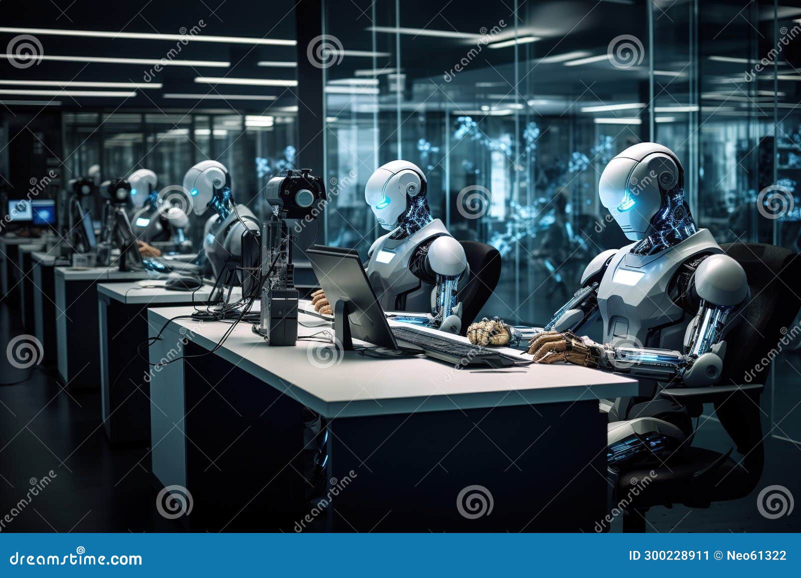 AI Robots Using Multiple Computers Working Monitoring Data in Office ...