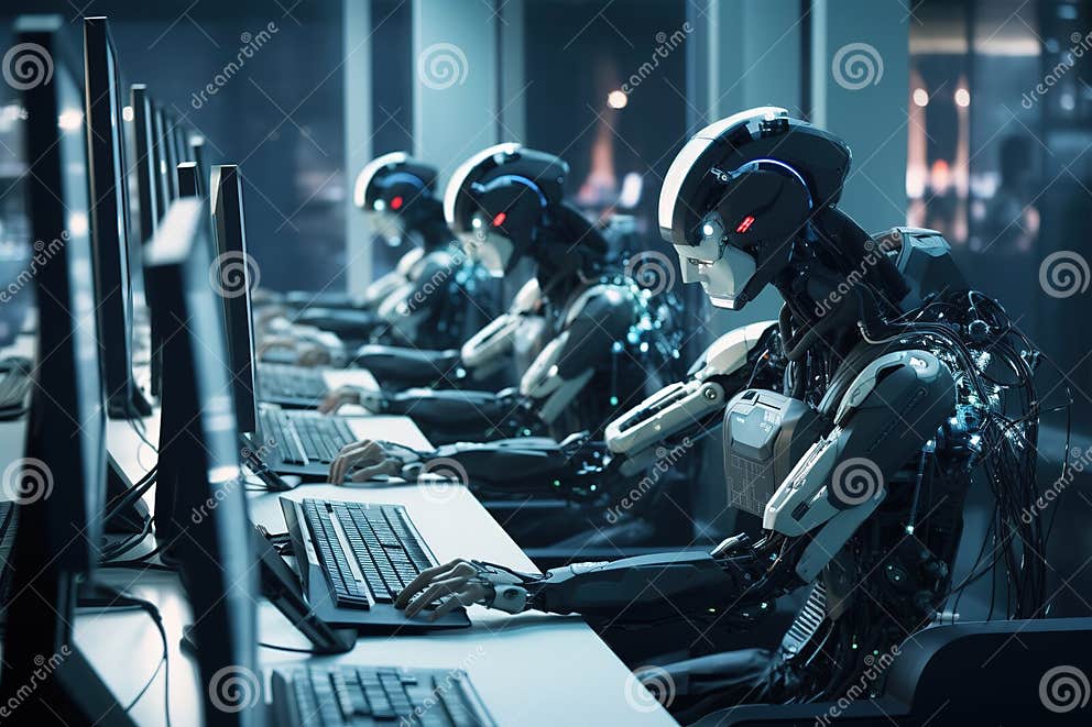 AI Robots Using Multiple Computers Working Monitoring Data in Office Generative AI Stock ...